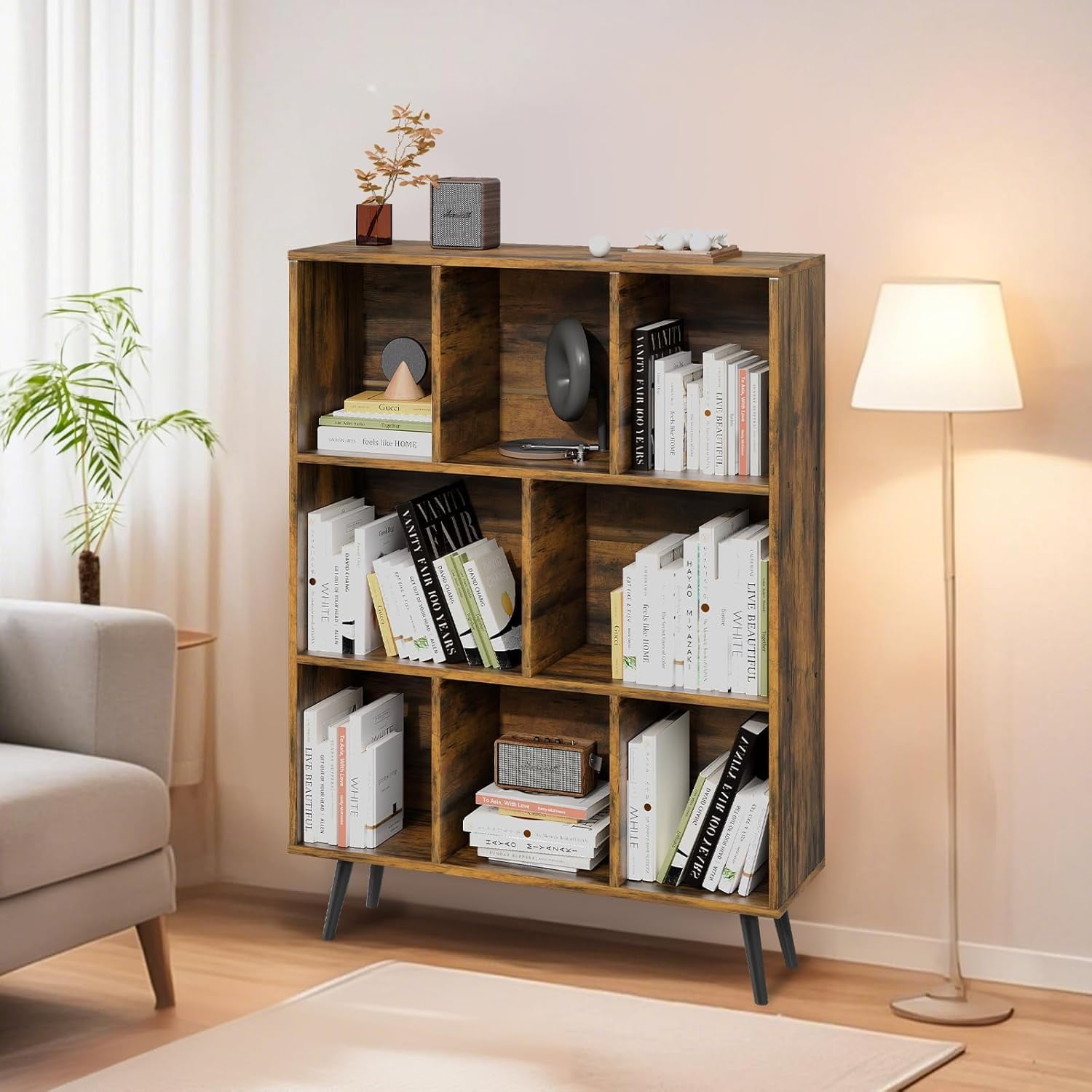 8 Cube Bookshelf 3 Tier Mid-Century Rustic Brown Modern Bookcase with ...