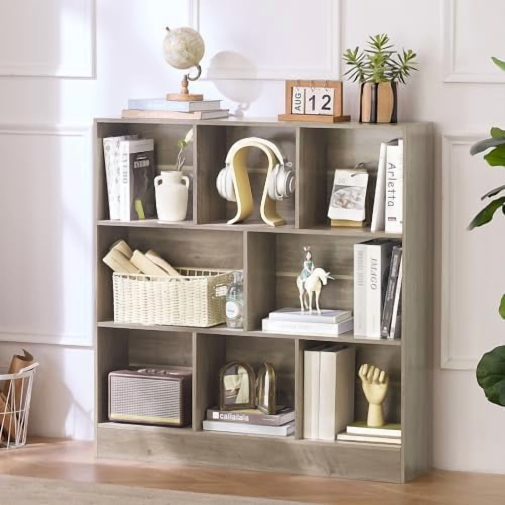 8 Cube Bookshelf with Base,3 Tier Mid-Century Modern Grey Bookcase ...