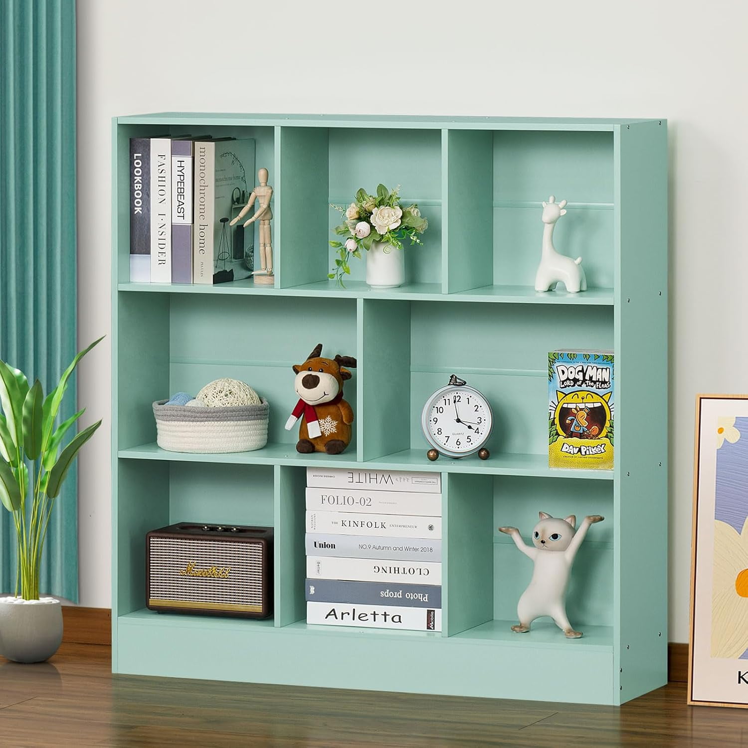 8 Cube Bookshelf with Base,3 Tier Modern Mint-Green Bookcase,Standing ...