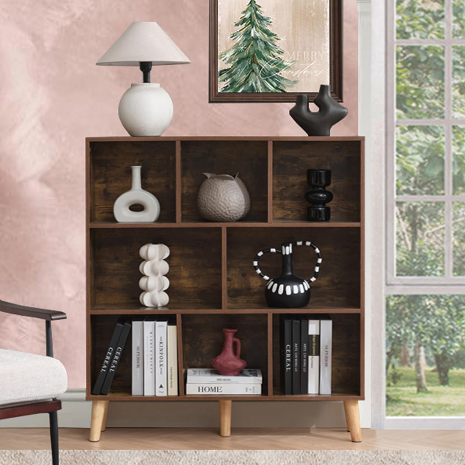 8 Cube Bookshelf Brown Horizontal Bookcase Rustic Modern Bookcase with ...
