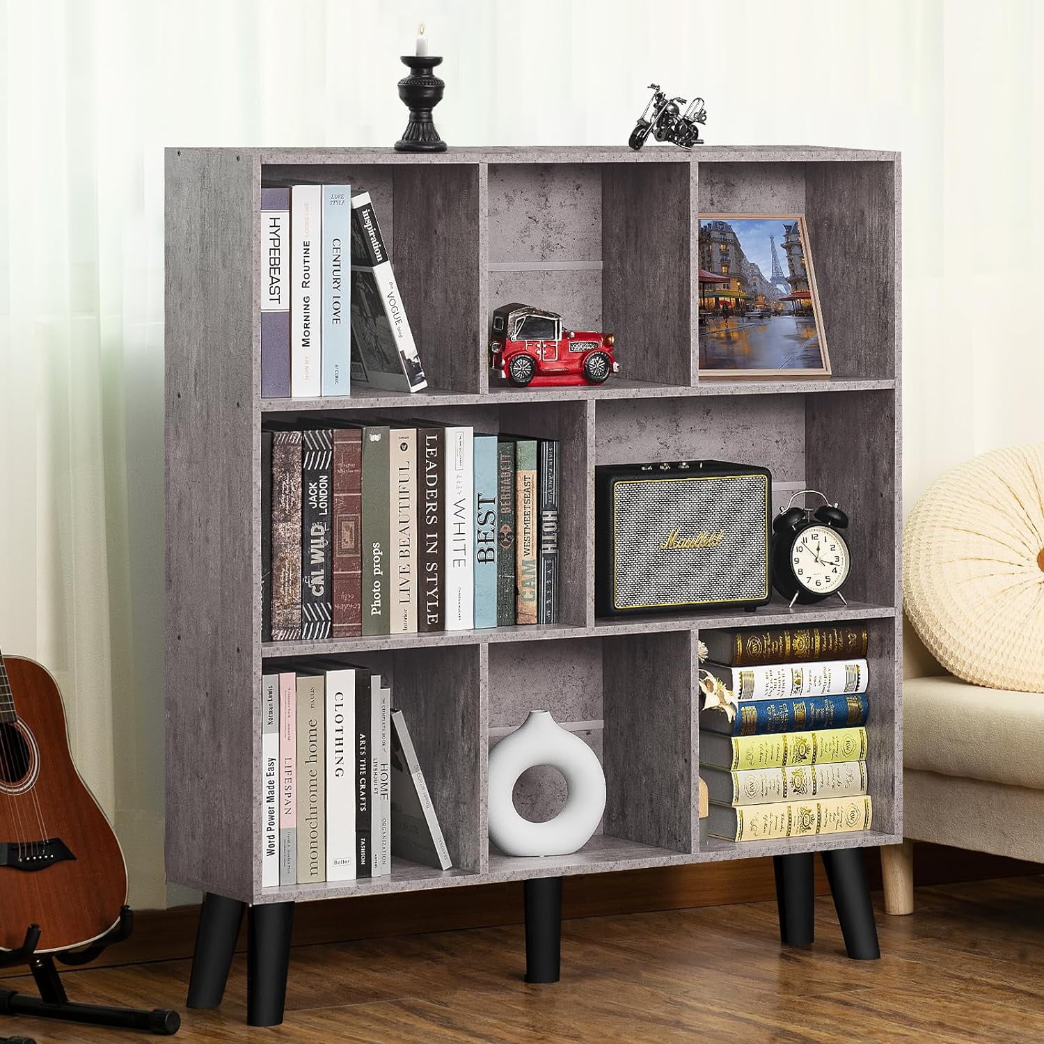 8 Cube Bookshelf,Farmhouse Bookcase with Legs,Modern Dirty Grey Mid ...