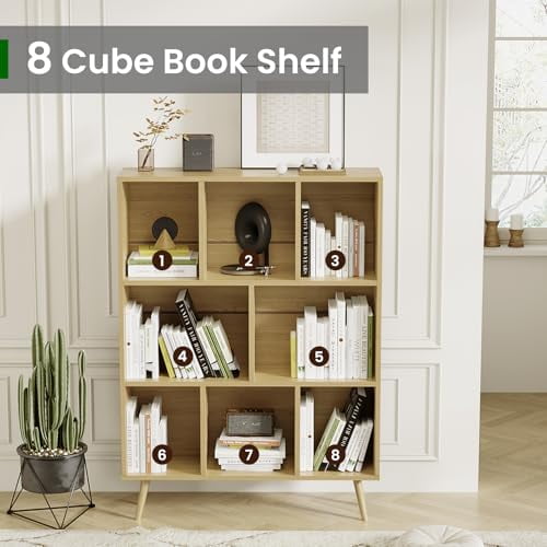 8 Cube Shelf, 3-Tier Open Wooden Bookshelf with Legs, Floor Standing ...