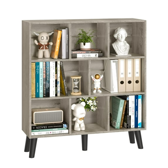 8 Cube Wooden Bookshelf, 3 Tier Modern Bookcase with Legs, Mid-Century ...