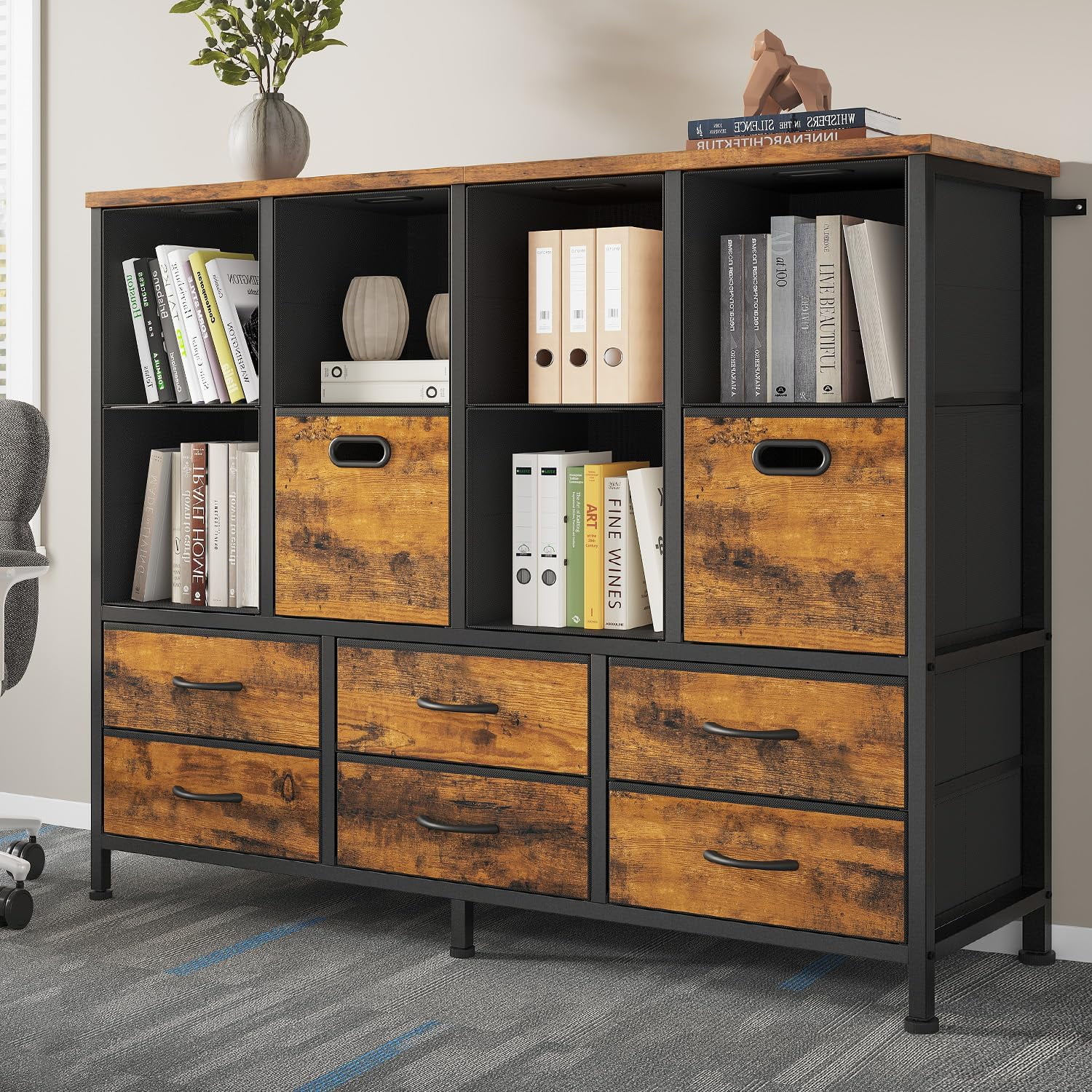 8-Cube Storage Bookshelf with 6 Fabric Drawers, DIY Cube Fabric Storage ...