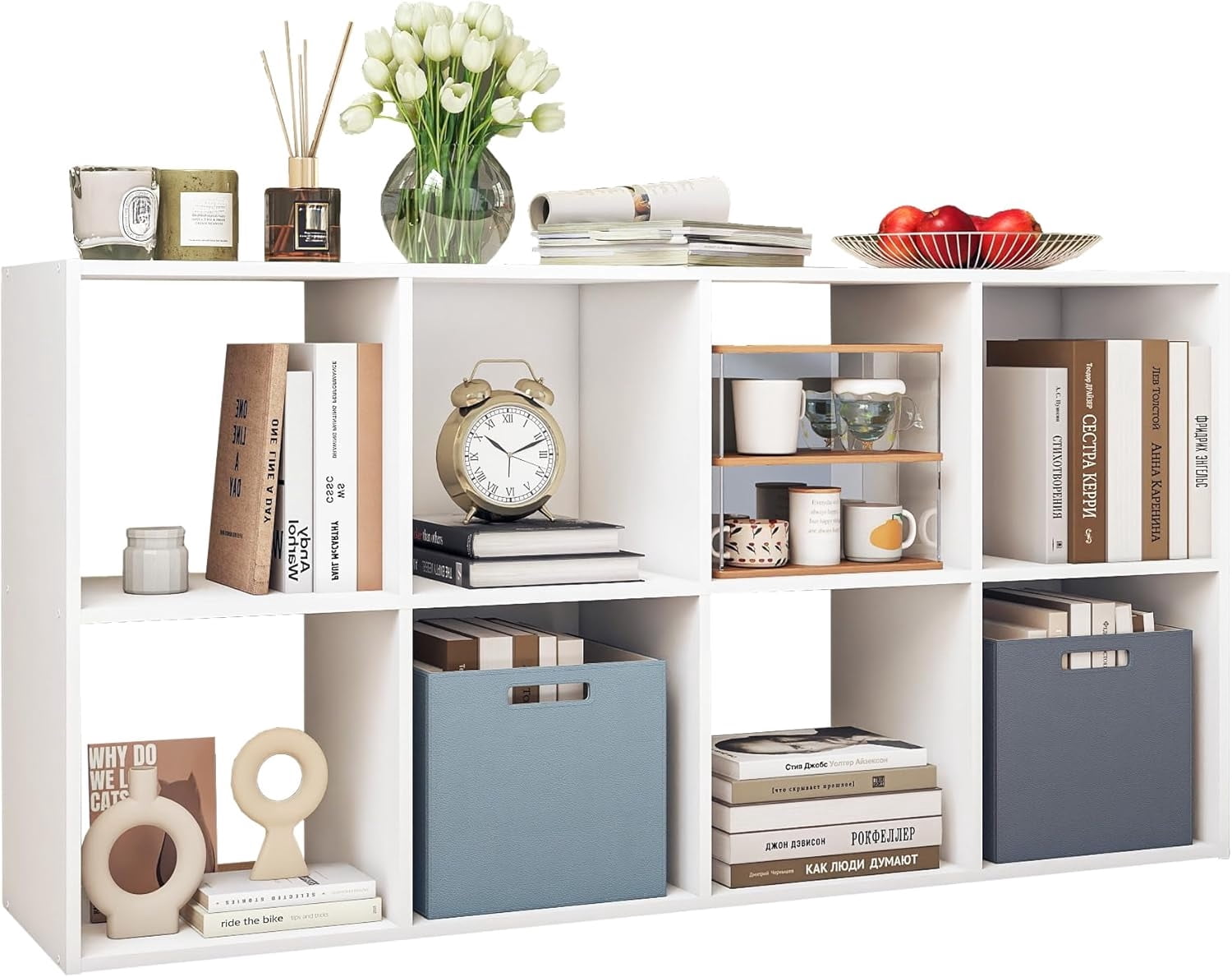 8 Cube Storage Organizer Bookcase, Wooden Freestanding Bookshelf with ...