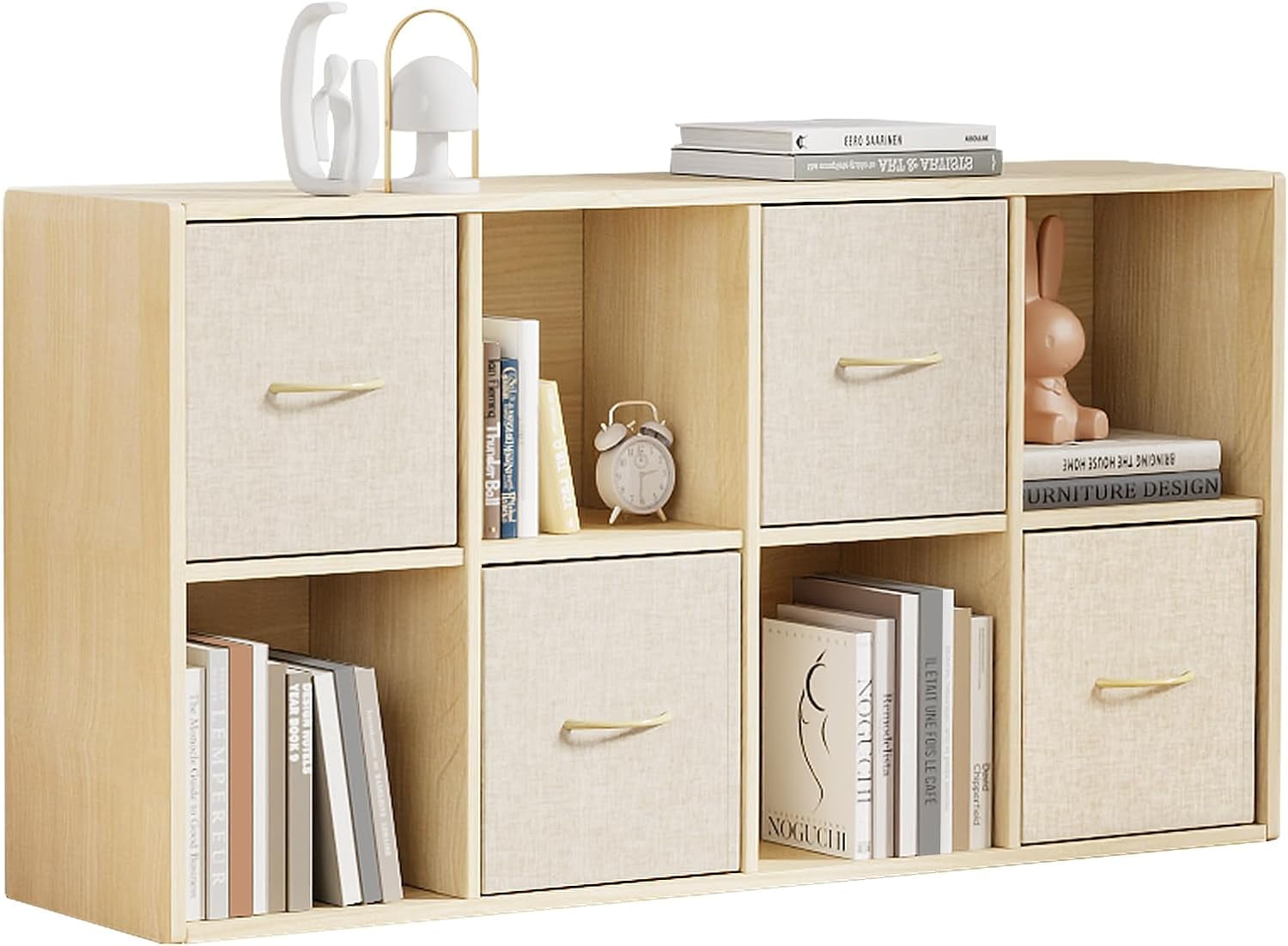 8 Cube Storage Organizer - Solid Wood Bookshelf with 4 Bins, Shelf 2 ...
