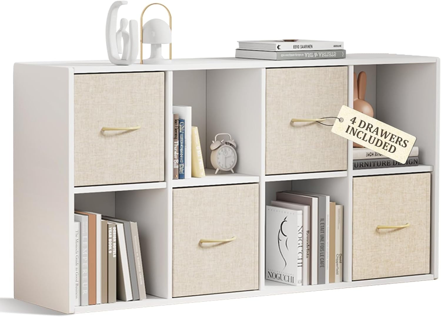 8 Cube Storage Organizer - Solid Wood Bookshelf with 4 Storage Bins ...