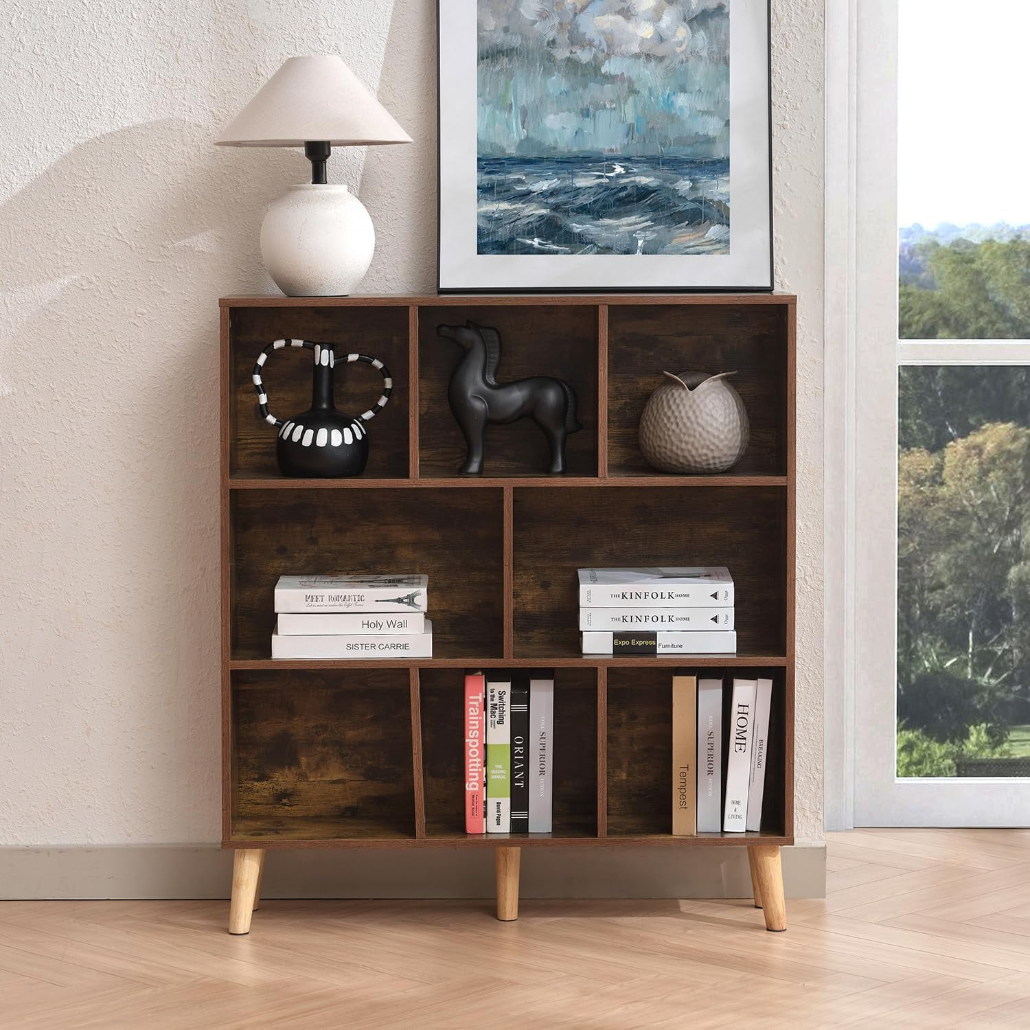 8 Cube Wood Bookshelf, 3 Tier Modern Bookcase with Legs, Open Display ...