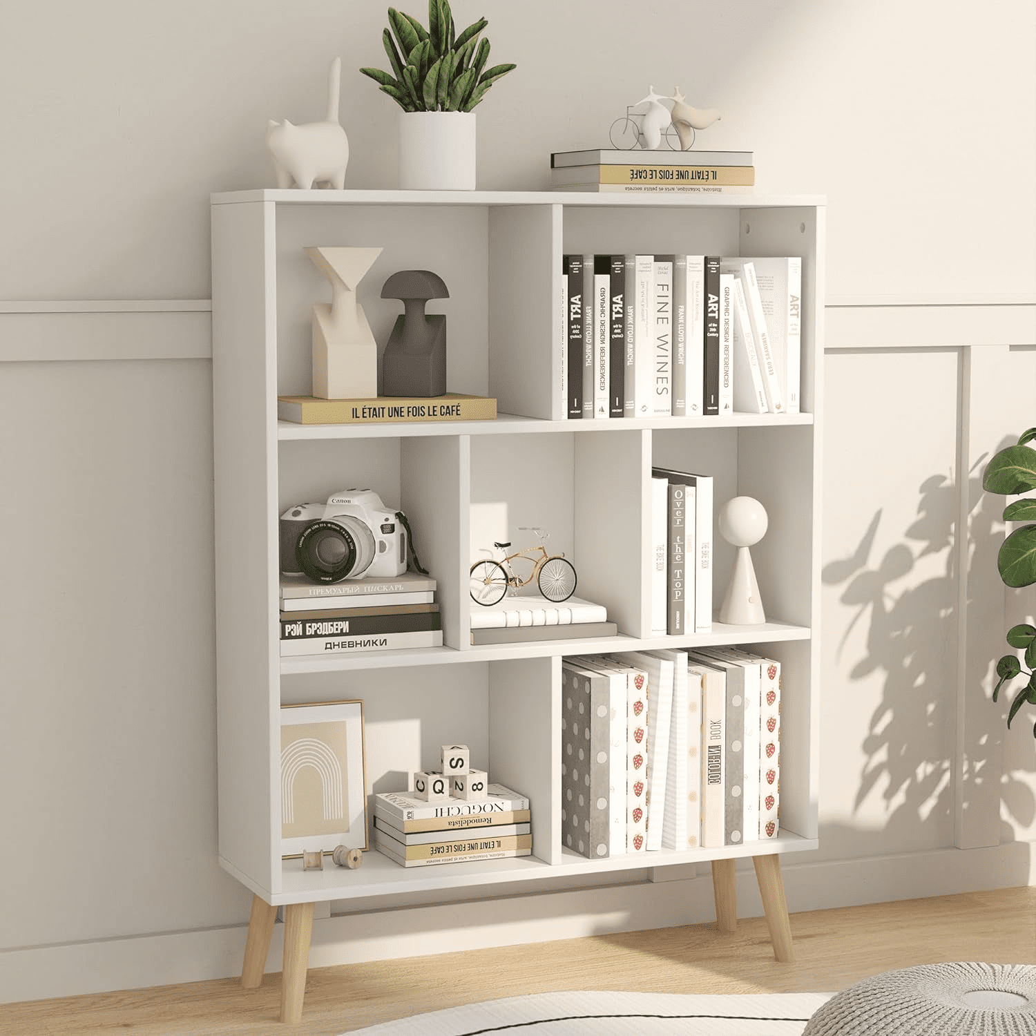 8 Cubes Bookshelf with Legs Free Standing 3 Tie Wood Display Bookcase ...