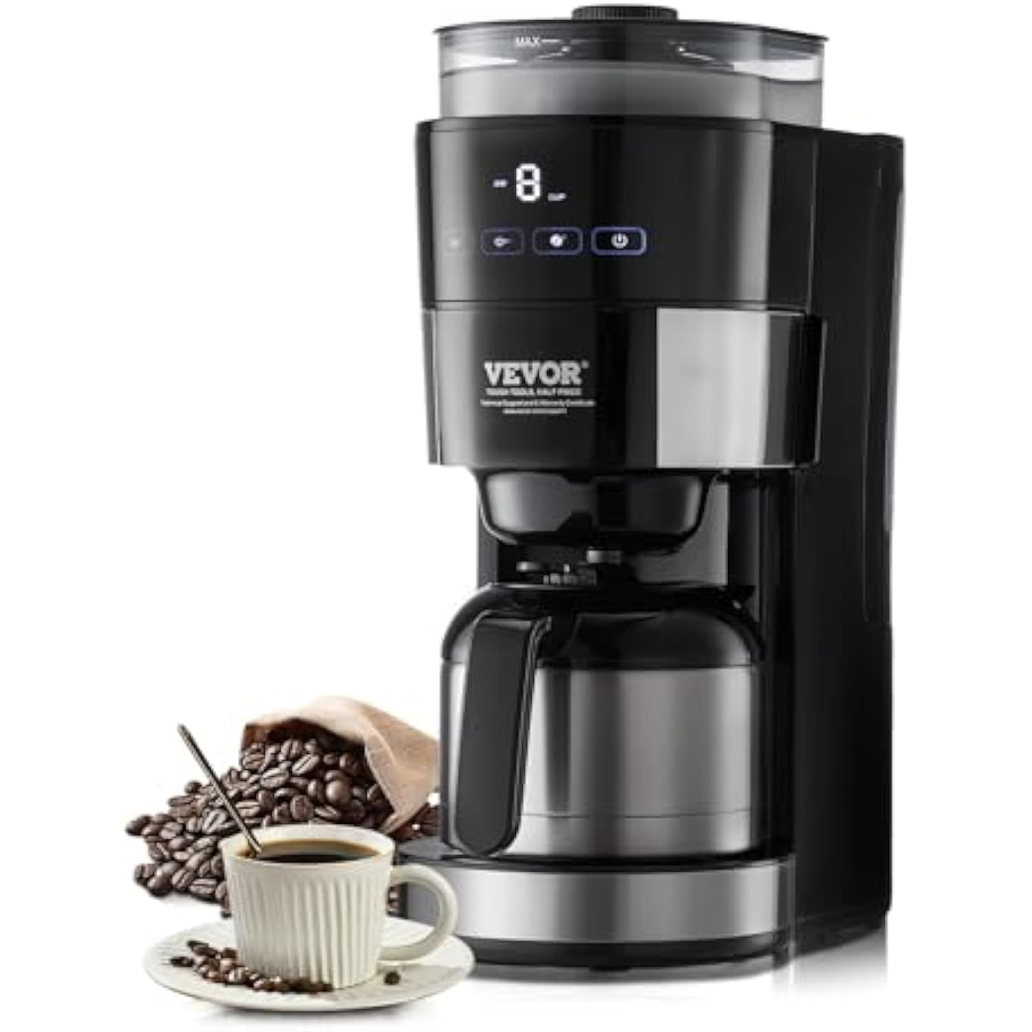 8 Cup Programmable Coffee Maker with Grinder - 3 Brew Strength Control ...