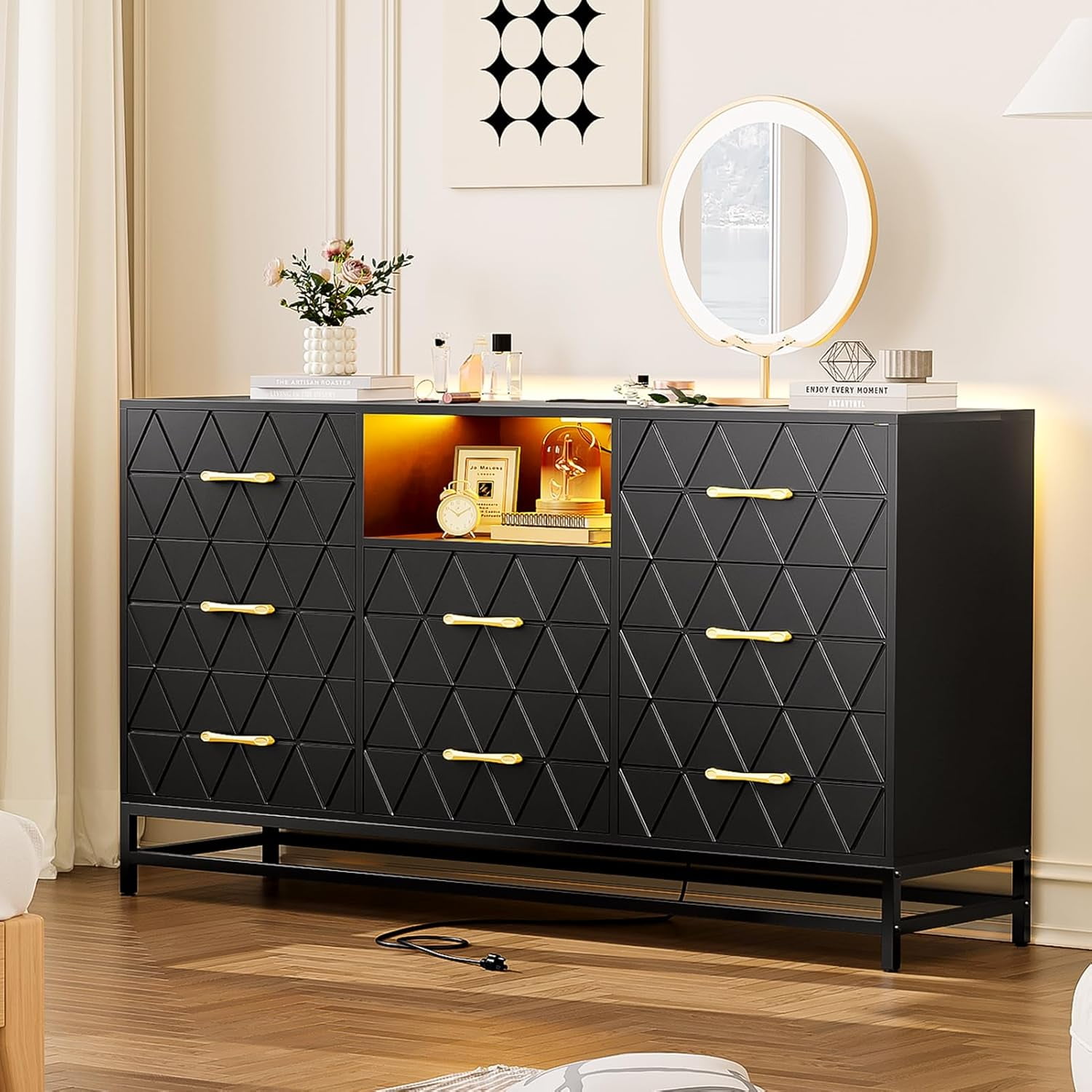 8 Deep Drawer Dresser for Bedroom with Charging Station and LED Lights ...