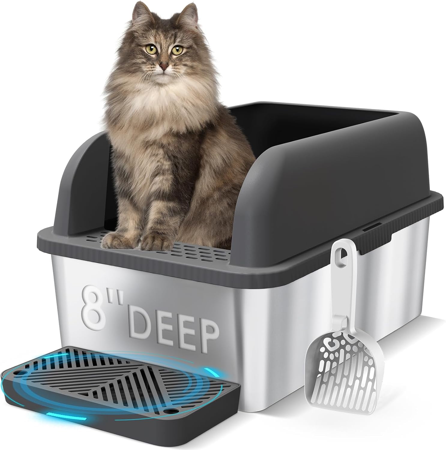8" Deep Stainless Steel Litter Box with Lid Extra Large Cat Litter Box ...