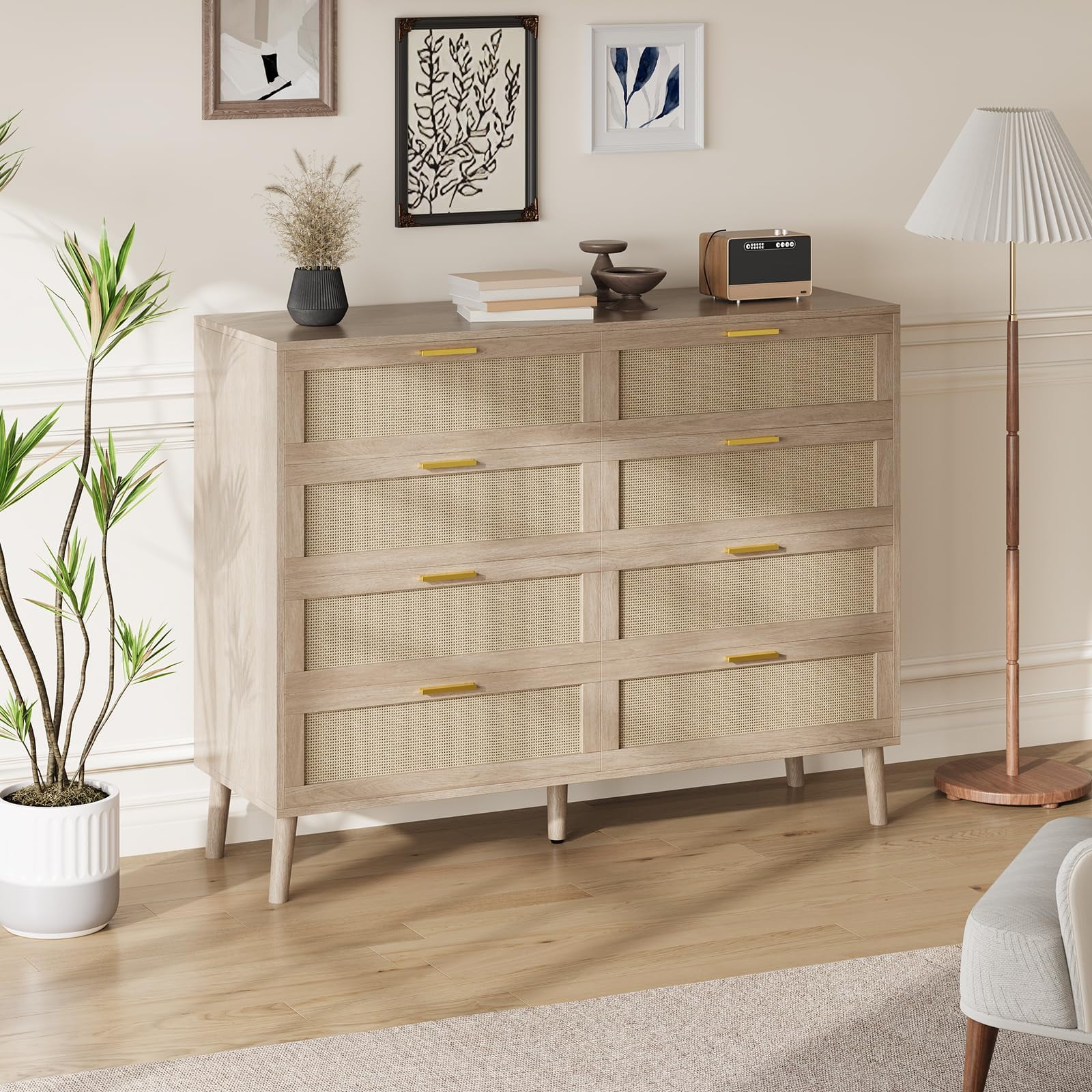8 Drawer Double Dresser for Bedroom, Rattan Chest of Dressers, Modern ...