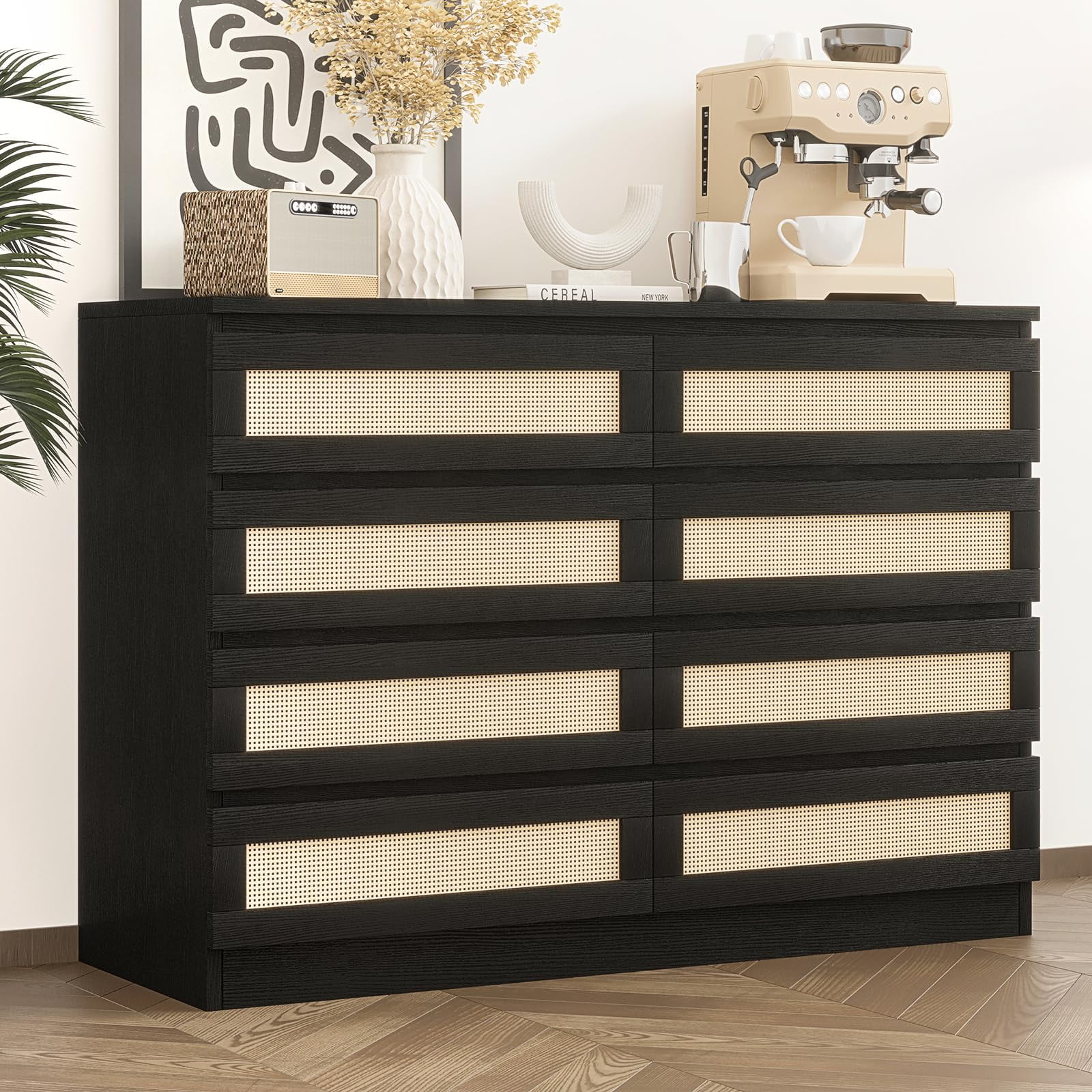 8 Drawer Double Dresser, Rattan Dresser with 8 Drawers, Storage Closet ...