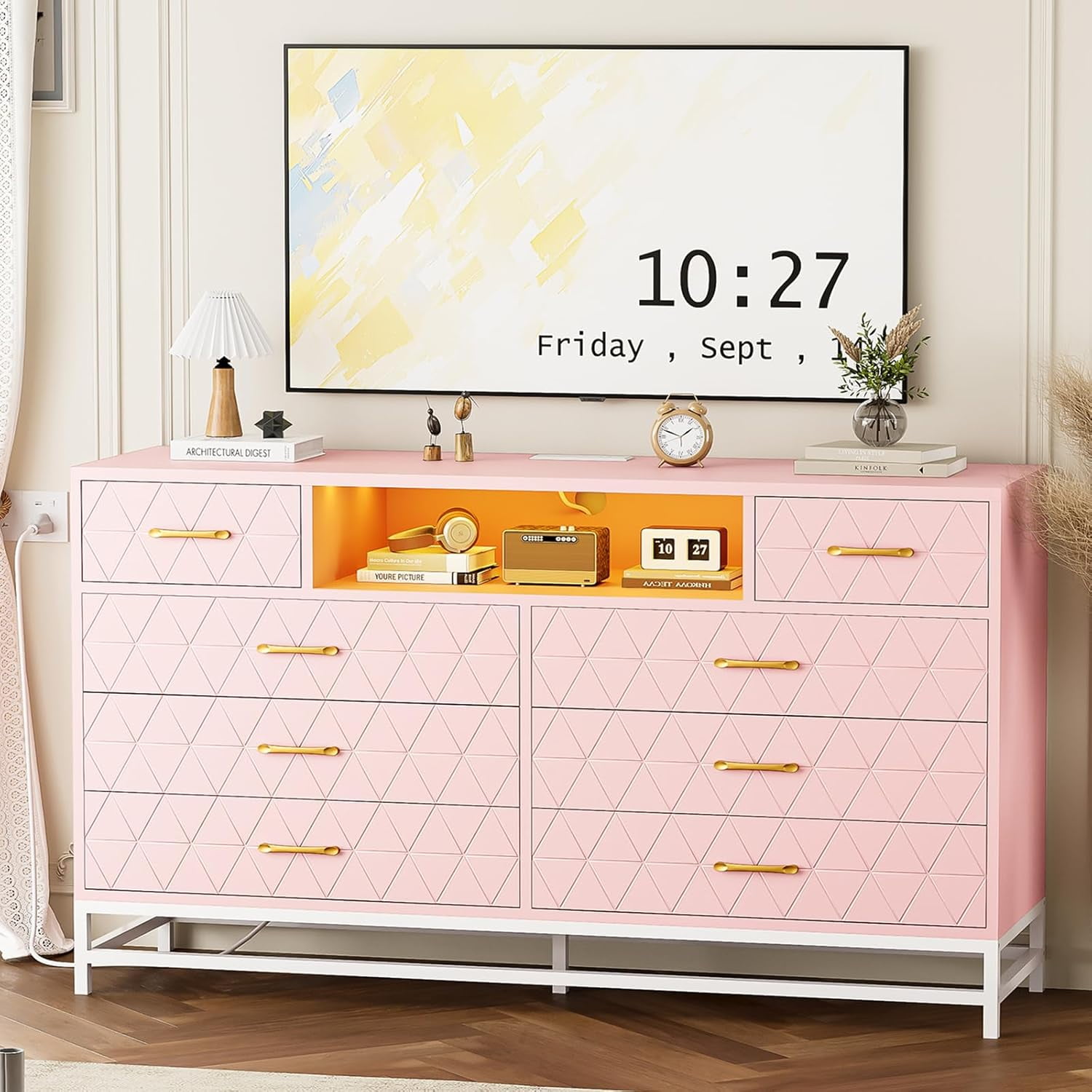 8 Drawer Dresser for Bedroom, Pink Dresser with Led Light, 55 Inch Tv ...