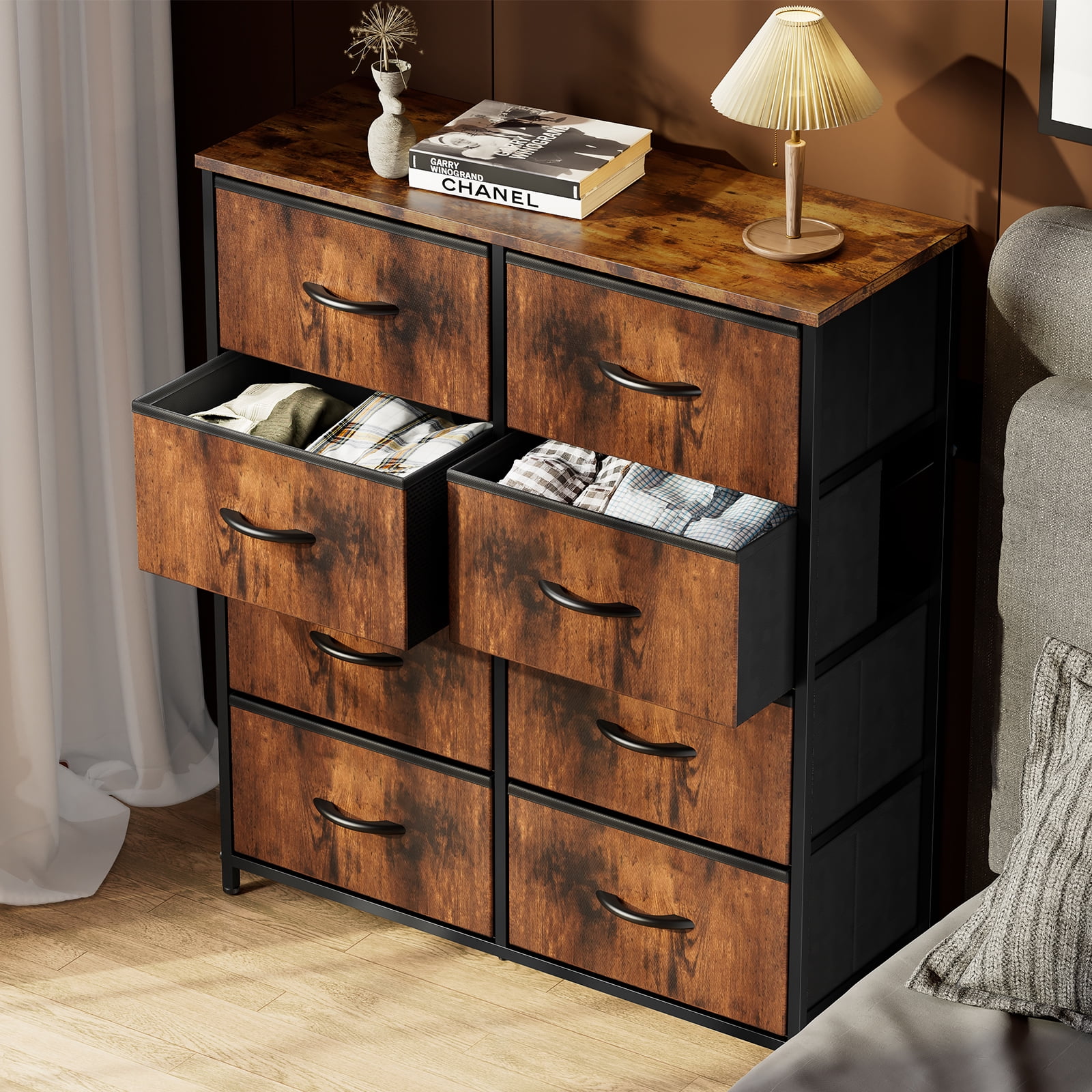8 Drawer Dresser Metal Storage Drawer Cabinet With Steel Frame Wood Top ...