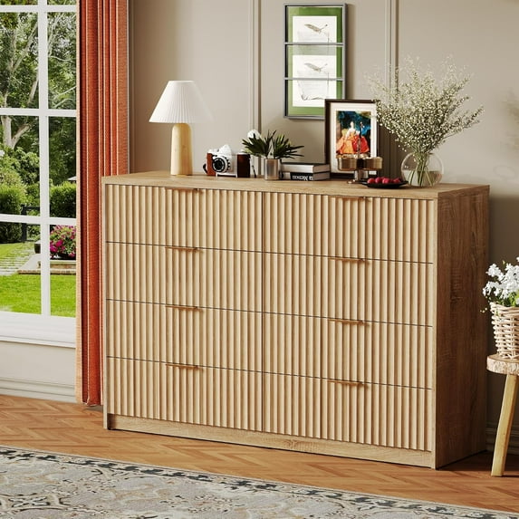 8 Drawer Dresser, Modern Fluted Wood Dresser with Golden Handles, Large ...