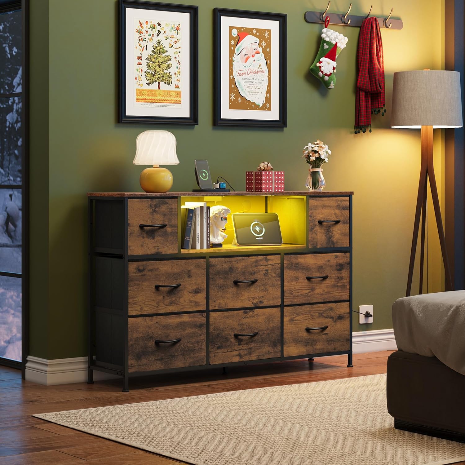 8-Drawer Dresser & TV Stand for 50-55" TVs - with Charging Station, LED ...