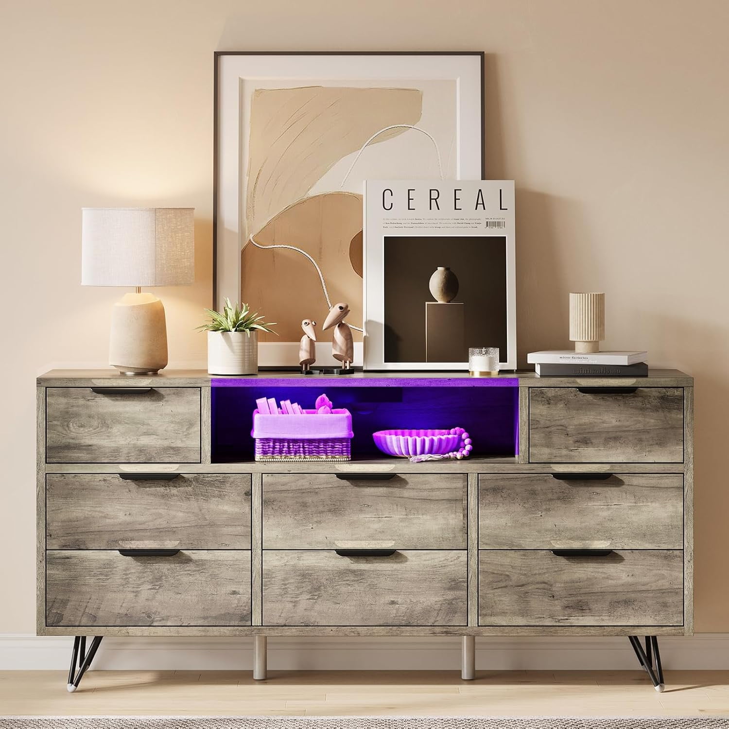 8 Drawer Dresser with Power Outlet and LED Light, Modern Wood Chest of ...