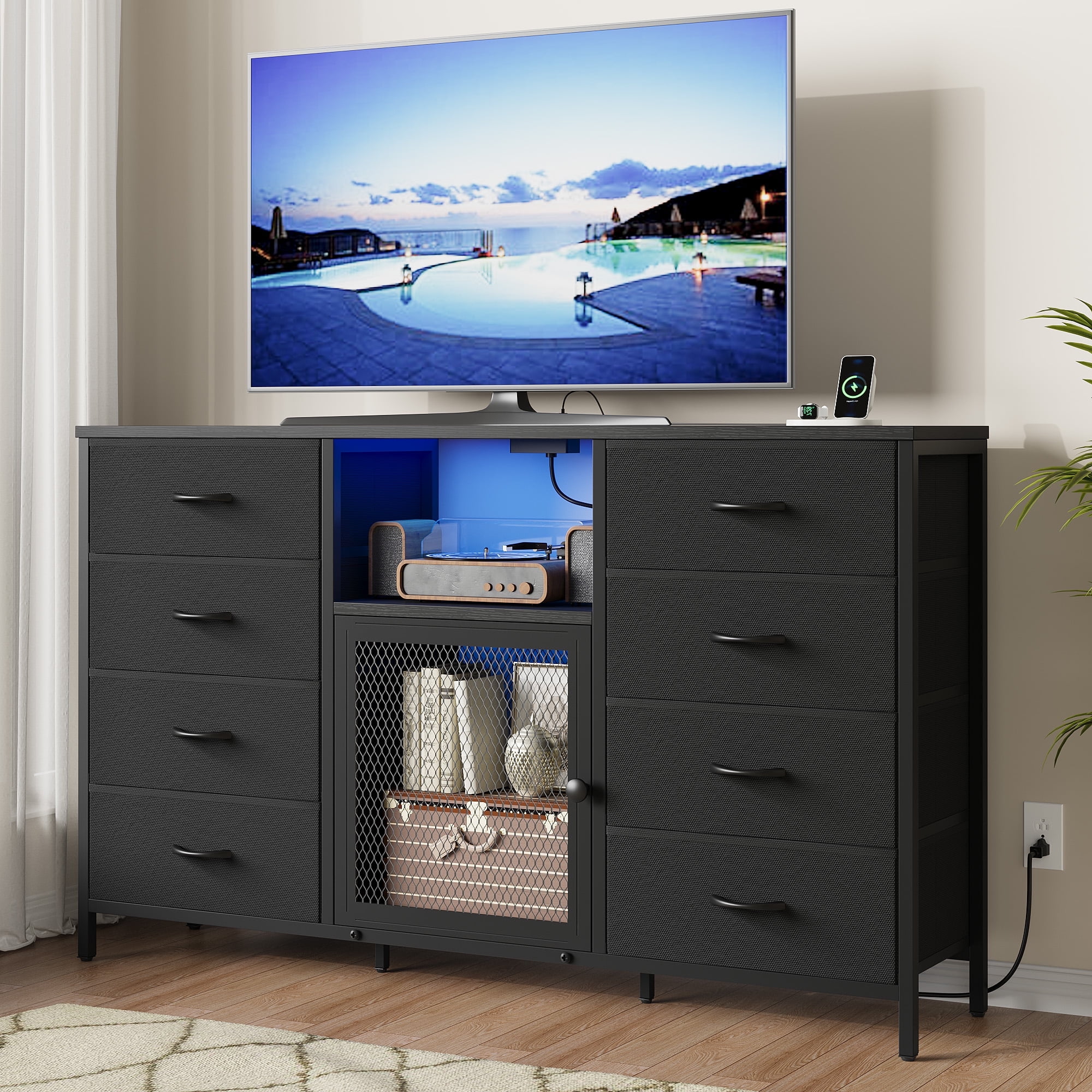 8 Drawer Dressers LED TV Stand for 65" TVs, EVMORE Large Fabric Drawers ...