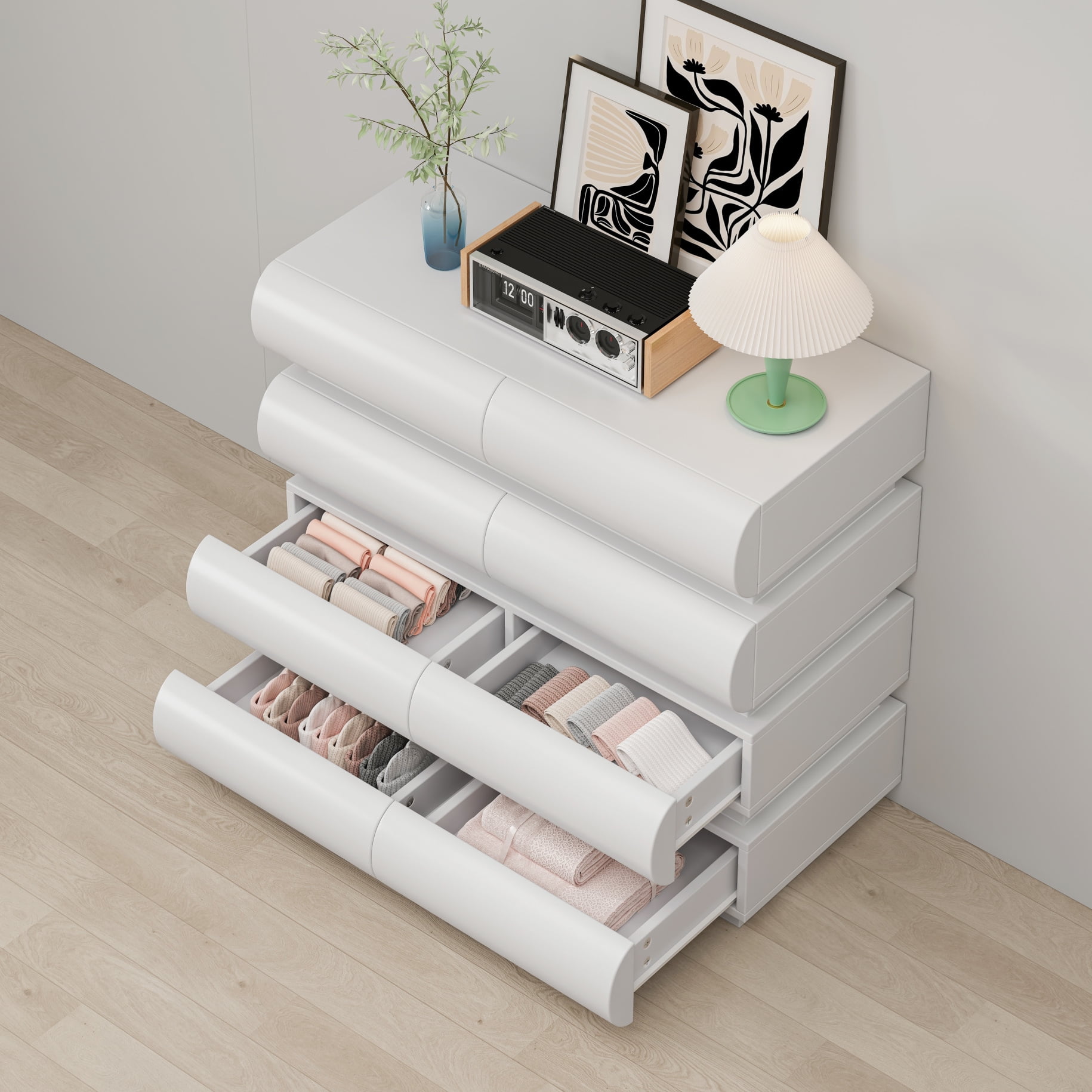 8-Drawer Handleless Modern Storage Dresser, White MDF Chest with ...