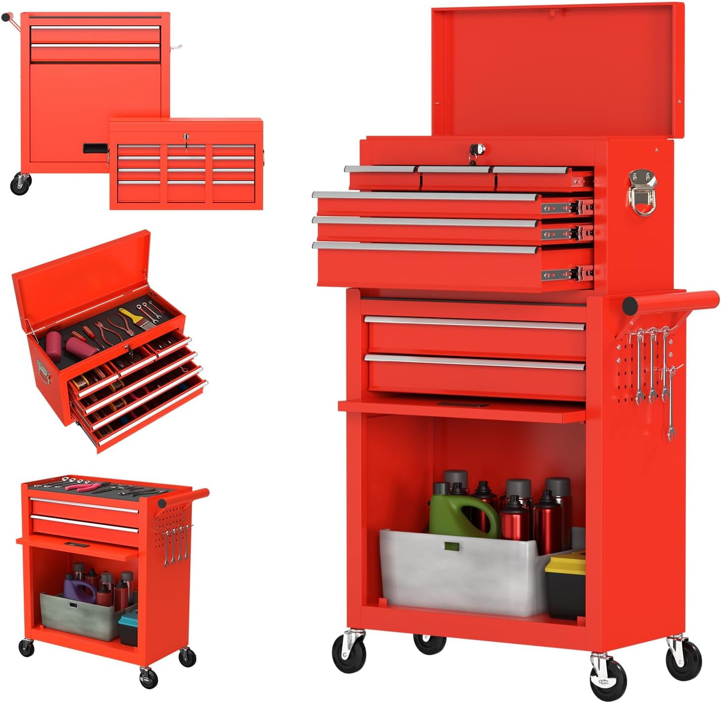 8-Drawer High Capacity Rolling Tool Box, Removable Cabinet Storage Tool Chest with Wheels and ...