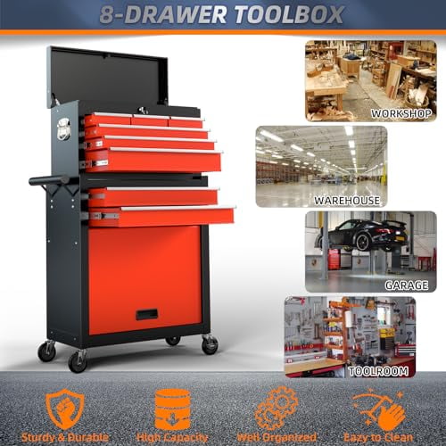 8-Drawer High Capacity Rolling Tool Chest with Wheels, Big Tool Storage Removable Tool Box Combo ...