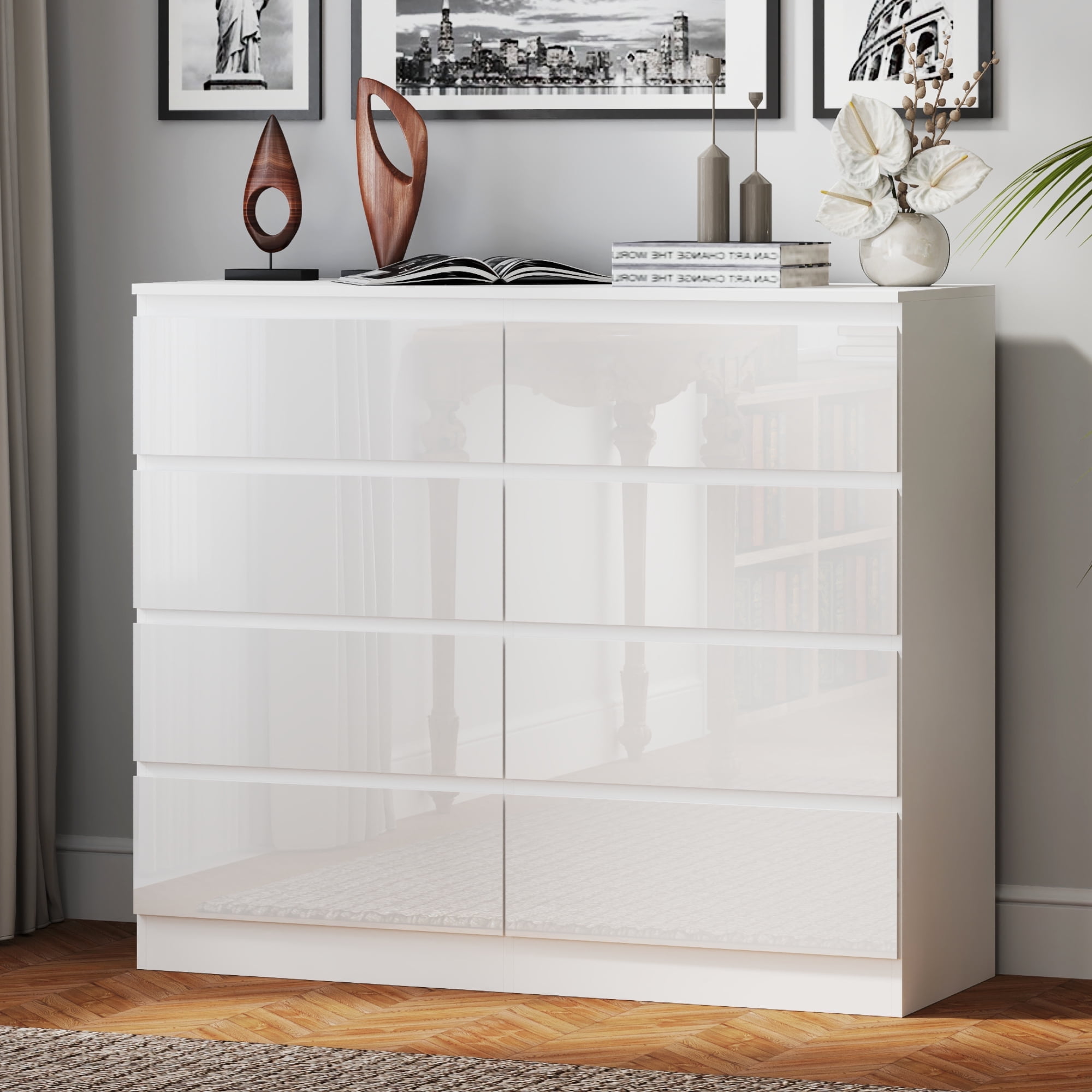8-Drawer High Gloss Dresser – Modern White Dresser with Ample Storage, Stylish Organizer for ...