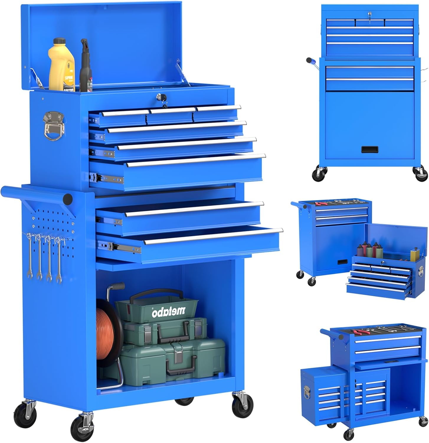 8-Drawer Rolling Tool Box, Lockable Rolling Tool Chest with Wheels and Drawers, 2 in 1 Large ...