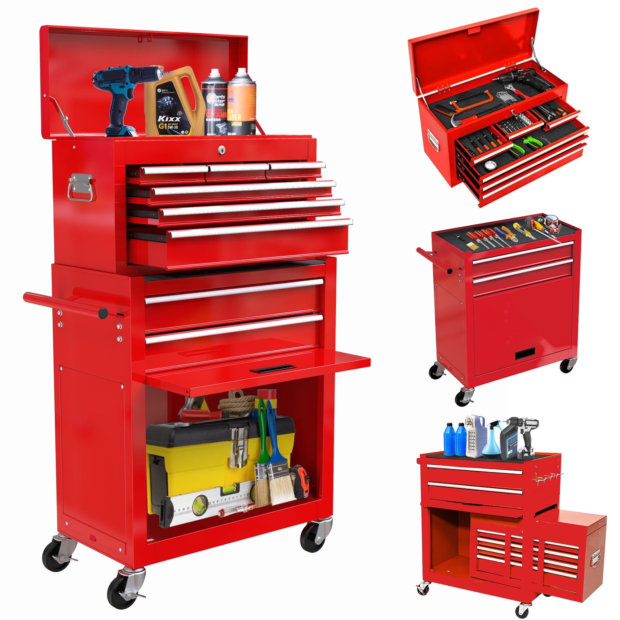 8-Drawer Rolling Tool Chest, 2-IN-1 Tool Chest and Cabinet Stainless Steel, Removable Tool Box ...
