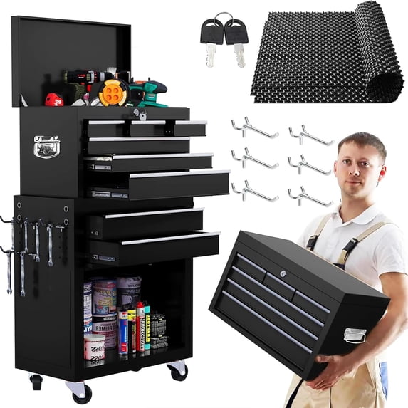 8-Drawer Rolling Tool Chest – 2-in-1 Lockable Tool Box with Wheels ...