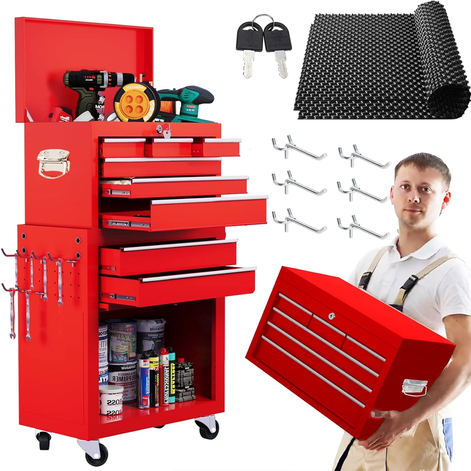 8-Drawer Rolling Tool Chest, 2-in-1 Tool Box with Wheels Metal Tool ...