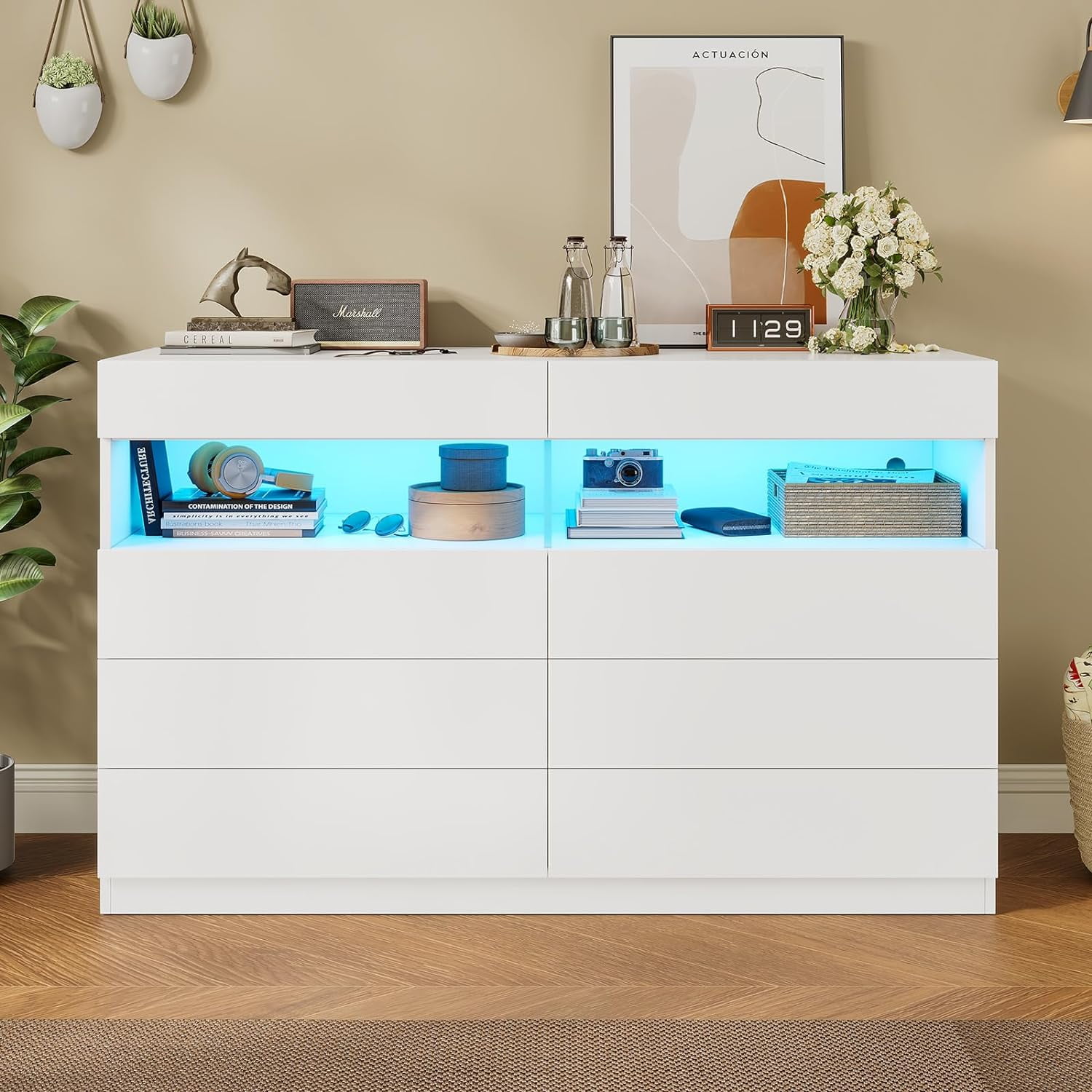 Modern 8-Drawer LED Dresser, Wooden Chest with Open Compartment, for ...