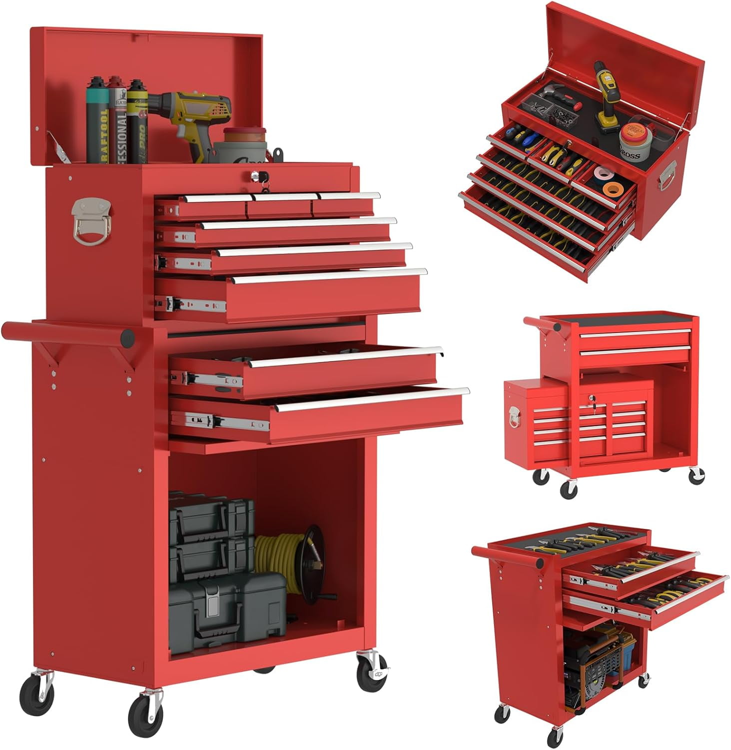 8-Drawers Large Tool Chest, 2-in-1 Detachable Garage Rolling Tool Box ...