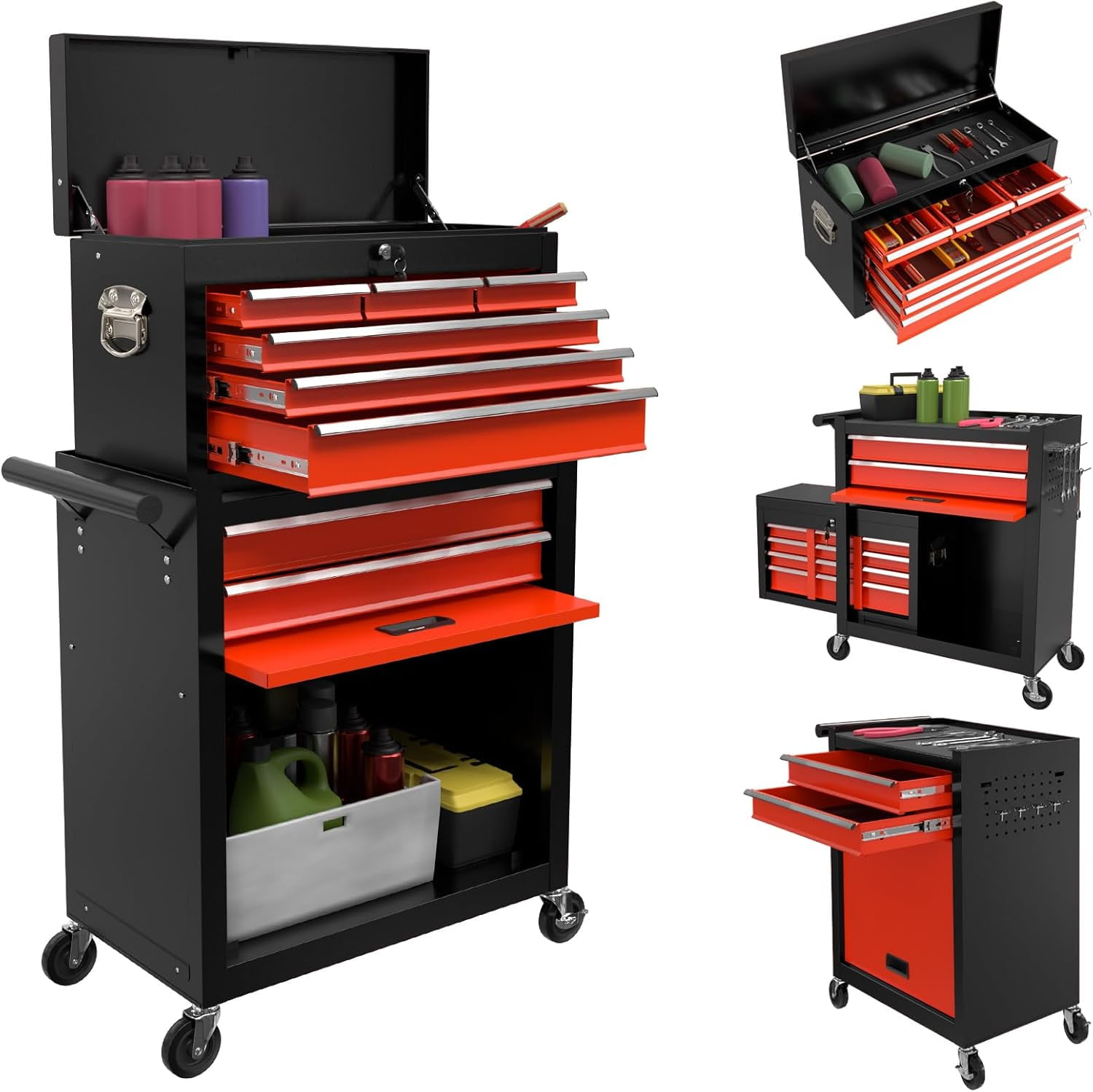 8-Drawers Large Tool Chest, 2-in-1 Detachable Garage Rolling Tool Box ...