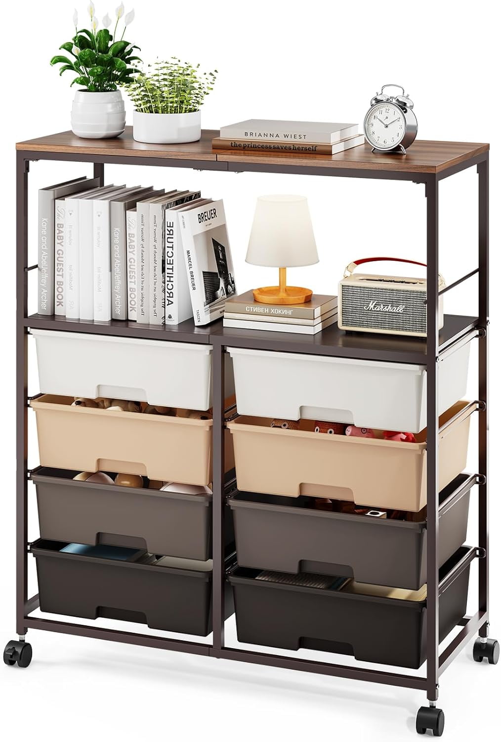 8 Drawers Rolling Storage Cart with Wooden Top, Multipurpose Utility ...