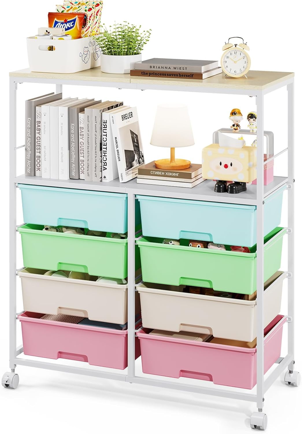 8 Drawers Rolling Storage Cart with Wooden Top, Multipurpose Utility ...