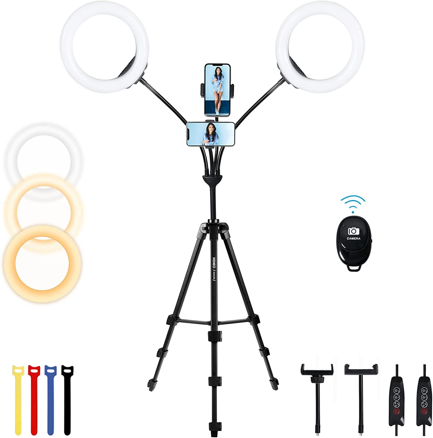 8'' Dual Ring Light with Tripod Stand & 2 Phone Holders for Double Brightness, LED Selfie Ring ...