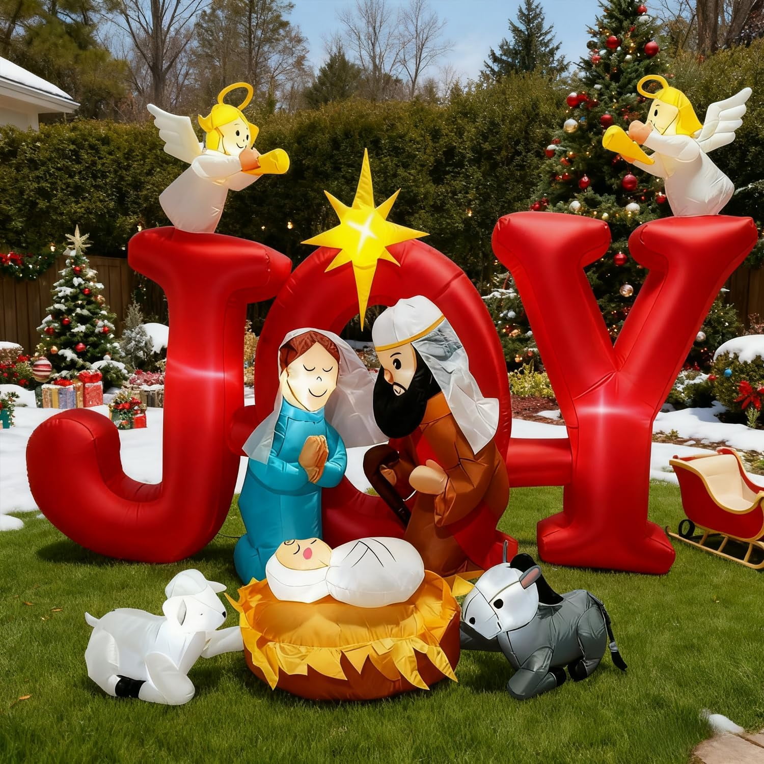 8 FT Christmas Inflatables Joy Nativity Scene Outdoor Decoration Xmas ...