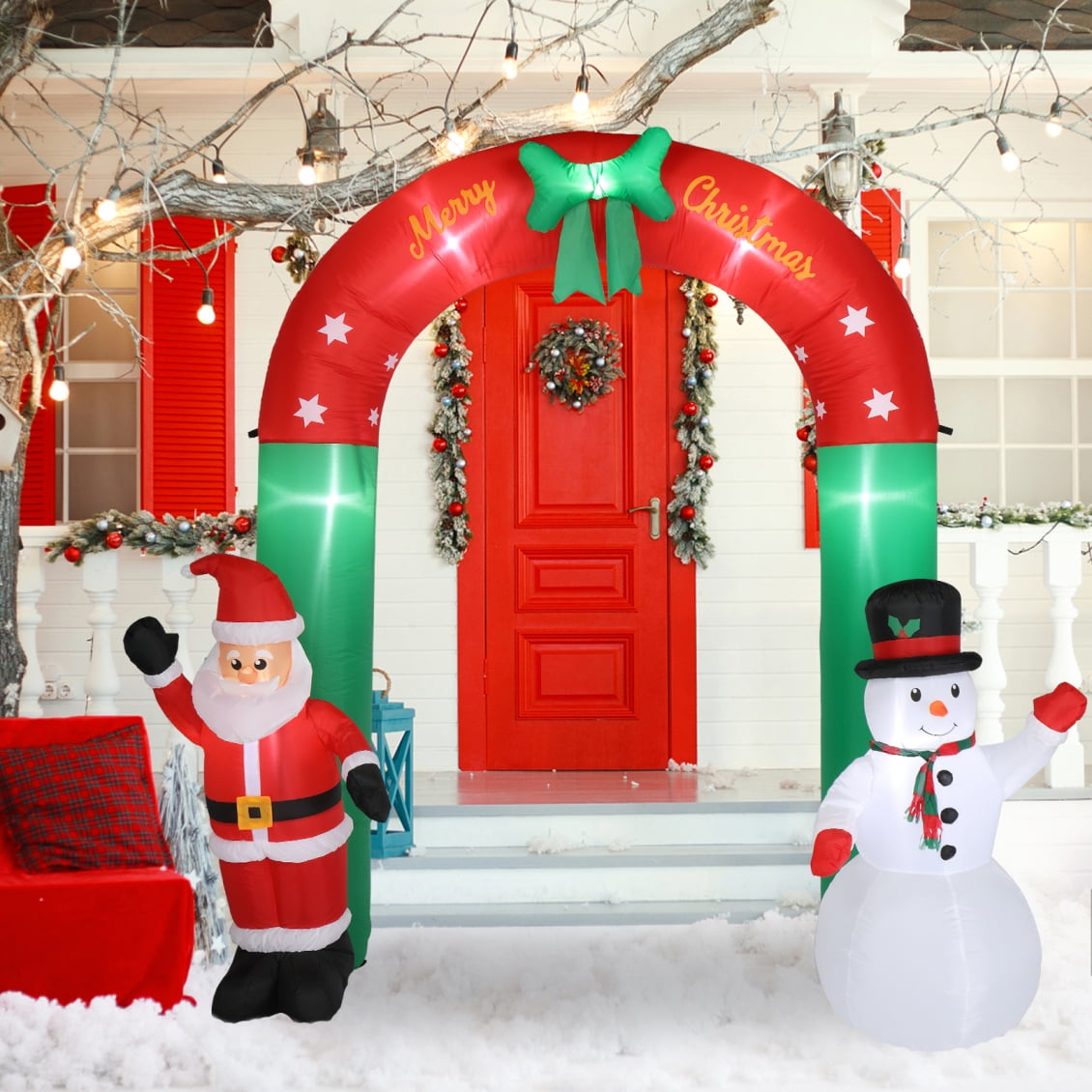 8 Ft Christmas Inflatables Santa Claus And Snowman Archway With Led