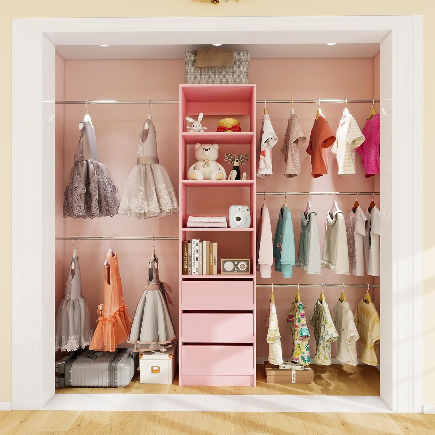 8 FT Closet System with 3 Wooden Drawers, 99" Closet Organizer System ...