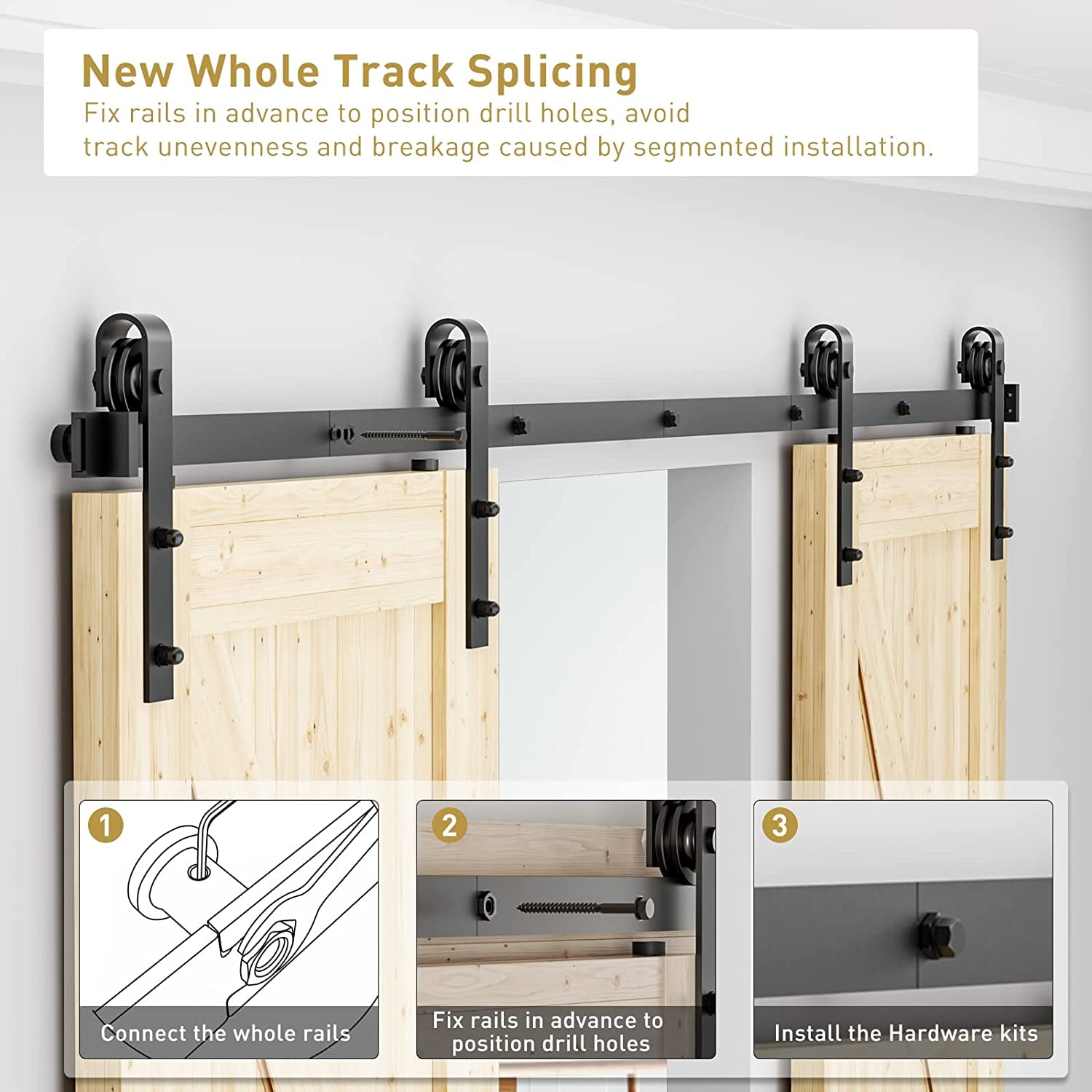 8 FT Double Sliding Barn Door Hardware Track Kit, Wood Slab Use, for ...