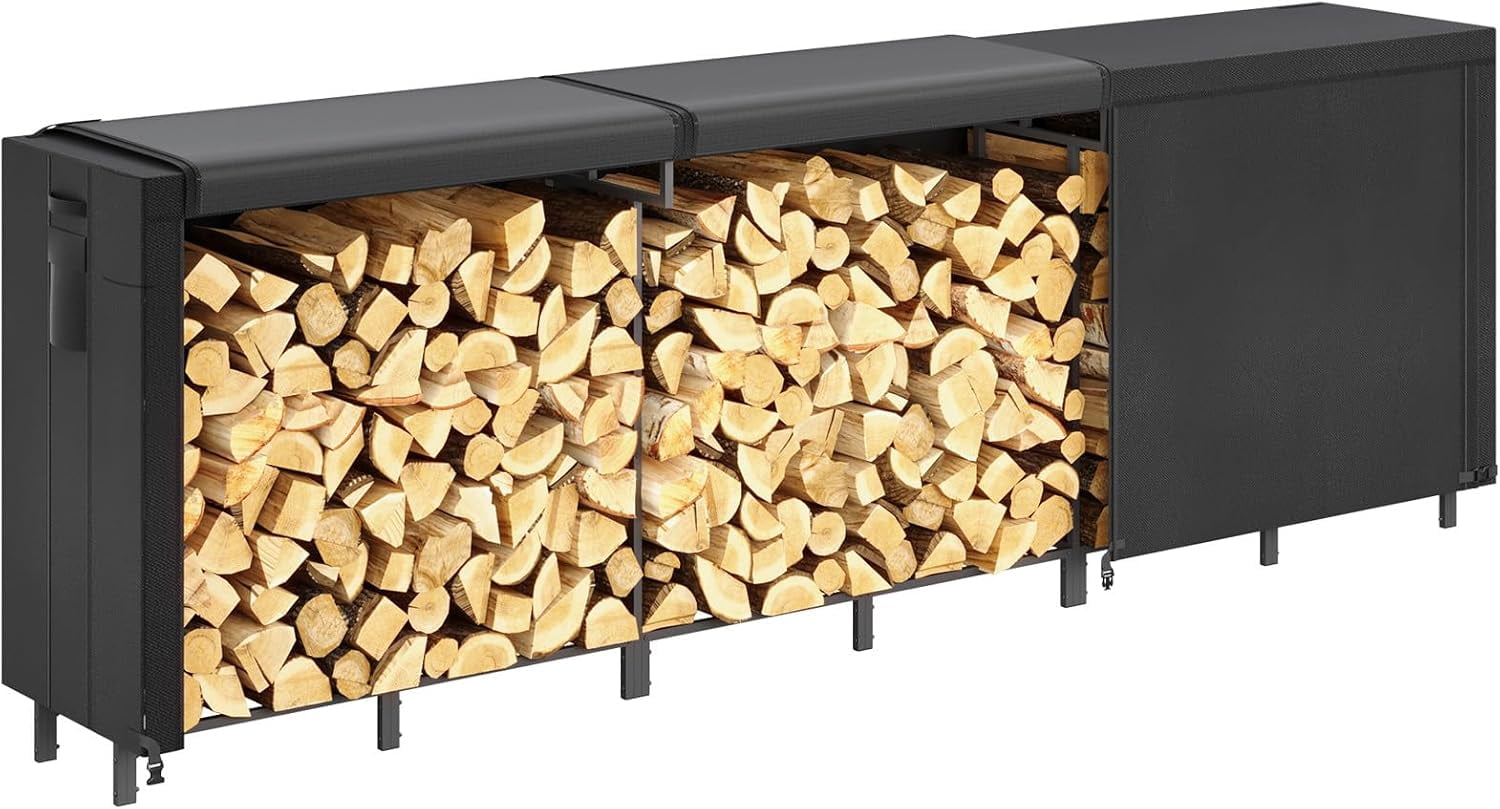 8 FT Firewood Rack with Waterproof Cover, Heavy Duty Wood Rack for ...