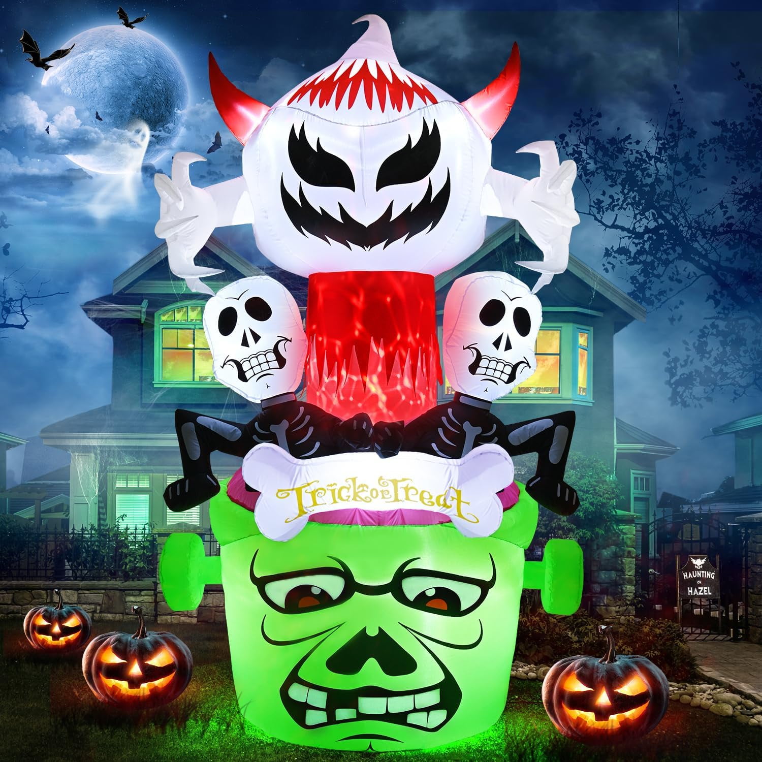8 FT Halloween Inflatables Outdoor Decorations, Built-in Flame Flashing Light Ghost Dual Skull ...