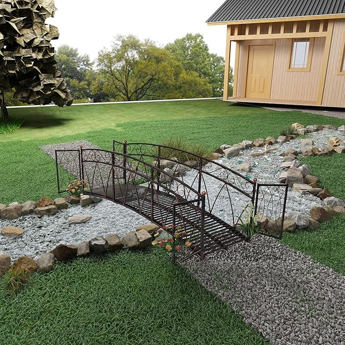 8 FT Metal Garden Bridge, with Circular Safety Guardrails Pond Bridge ...