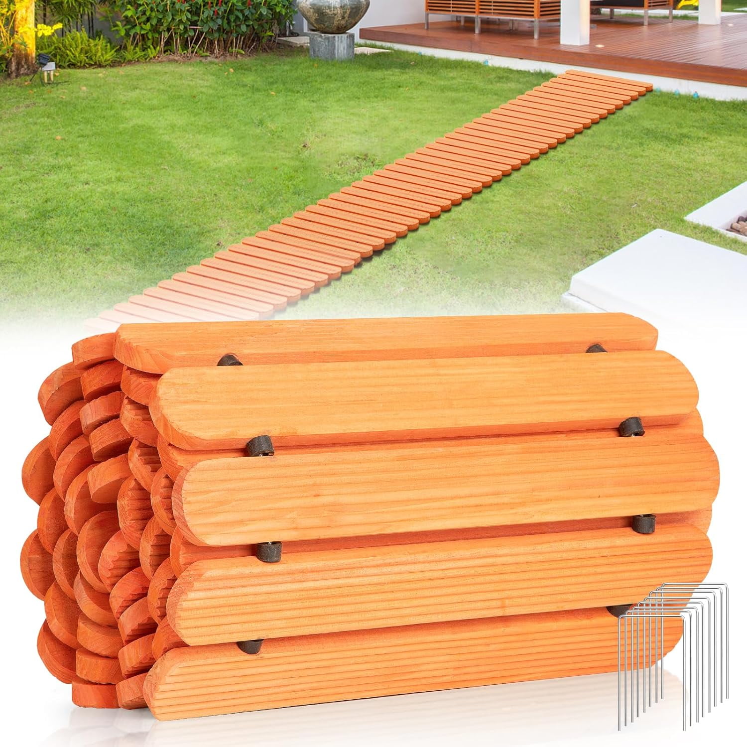 8 FT Straight Wooden Garden Pathway, Outdoor Roll Out Cedar Garden ...