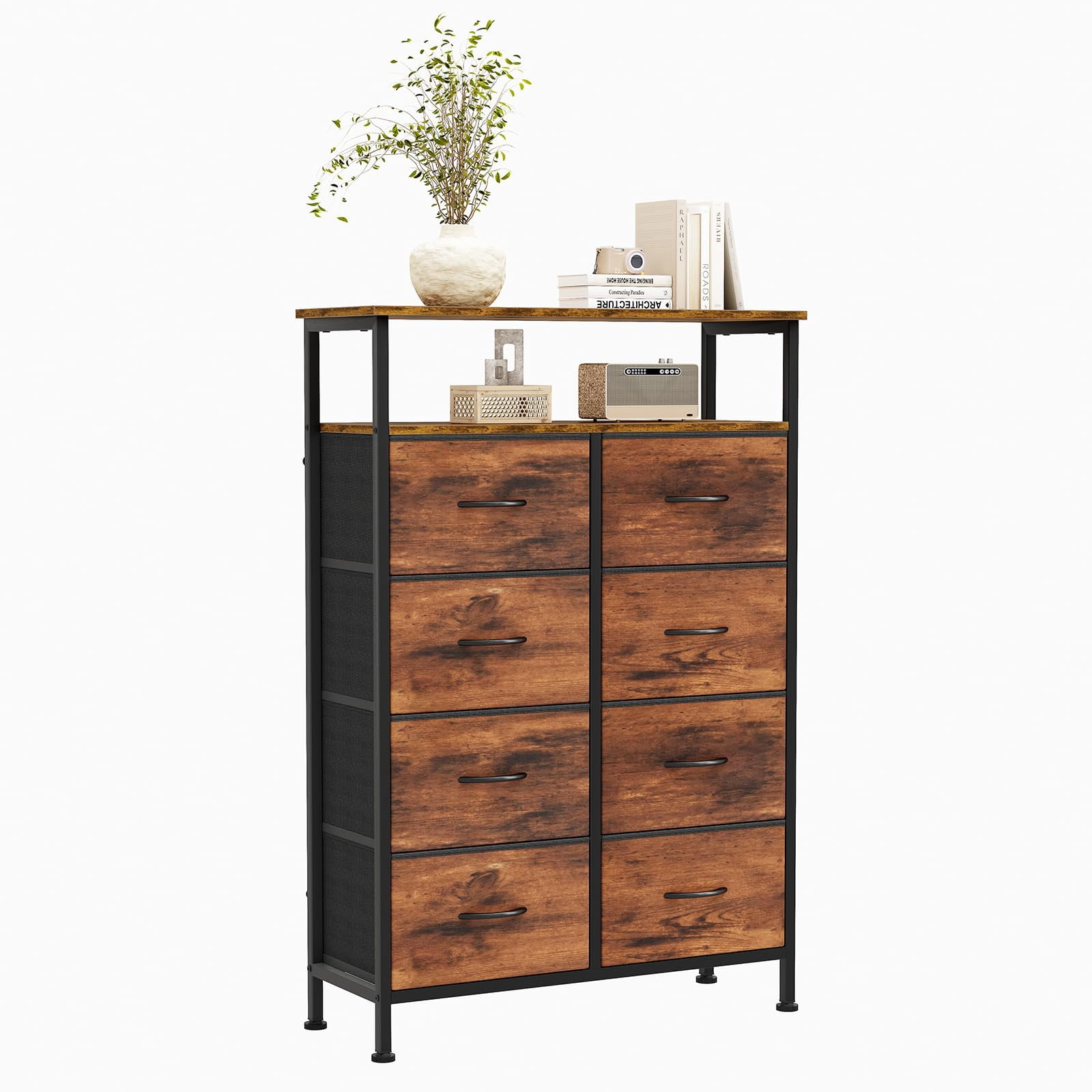 8 Fabric Drawers Cabinet For Living Room Wooden Top TV Stand with ...