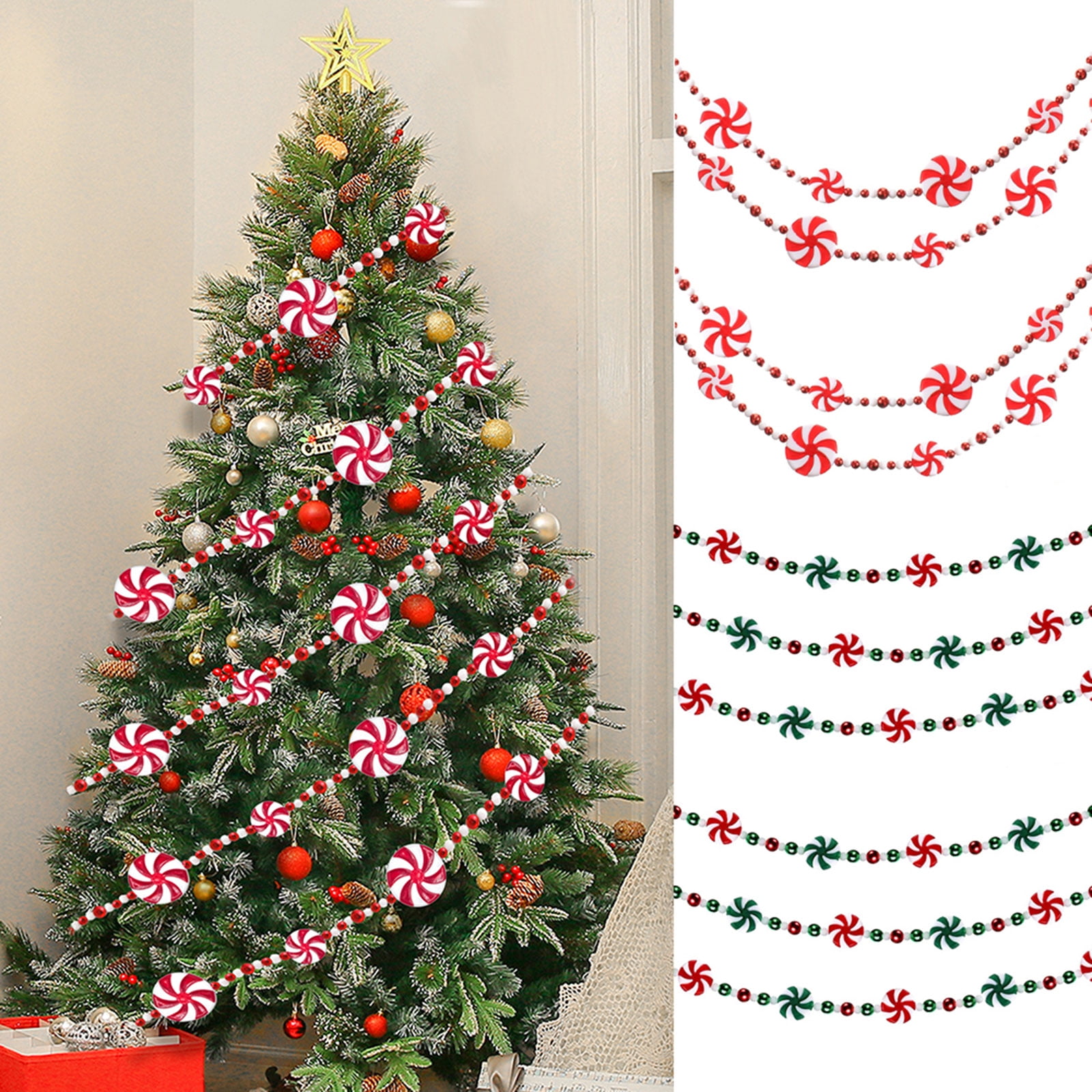 8 Feet Christmas Candy Garland,Red-Green Peppermint Candy Beaded ...