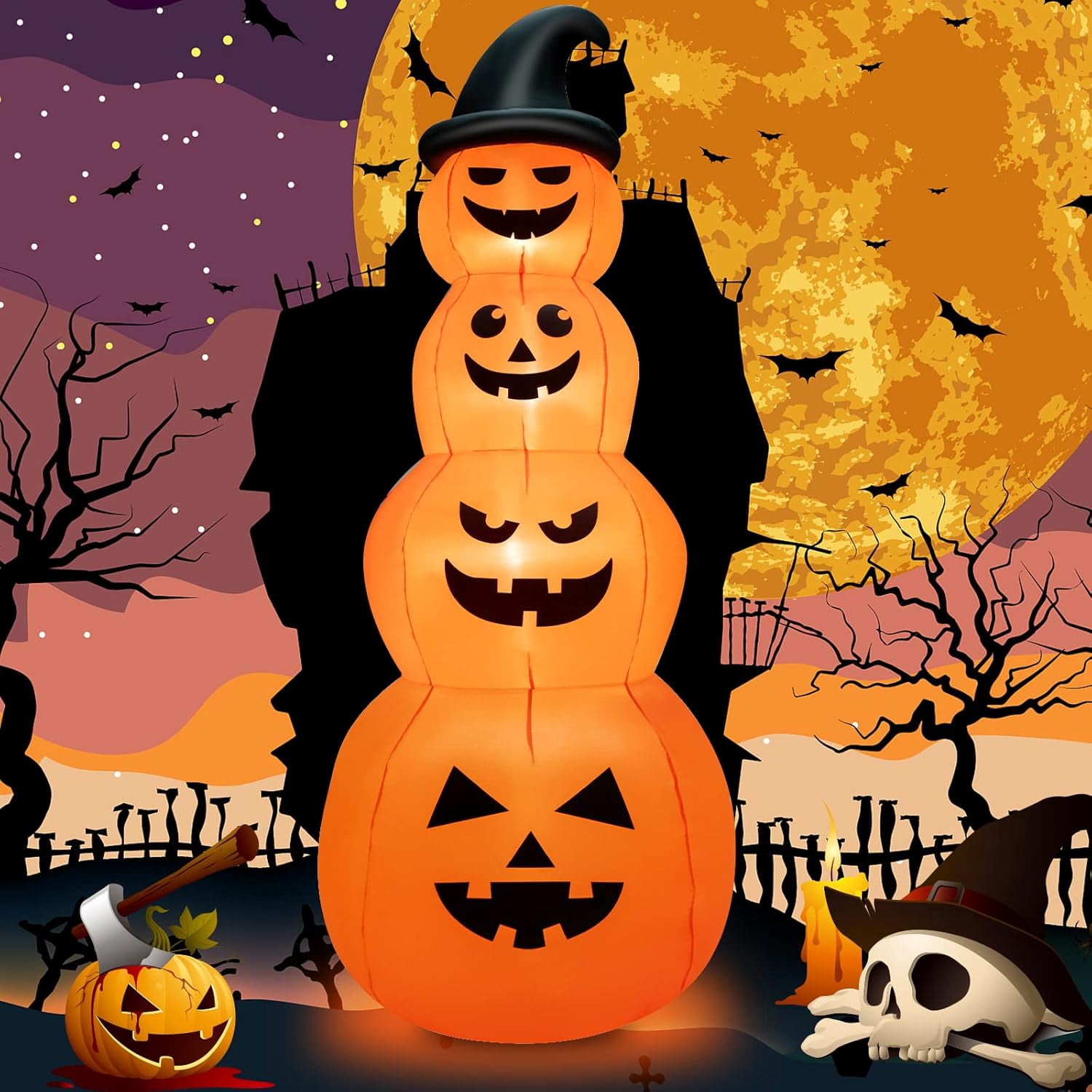 8 Feet Inflatable Halloween Pumpkins Stack with Built-in LED Lights ...