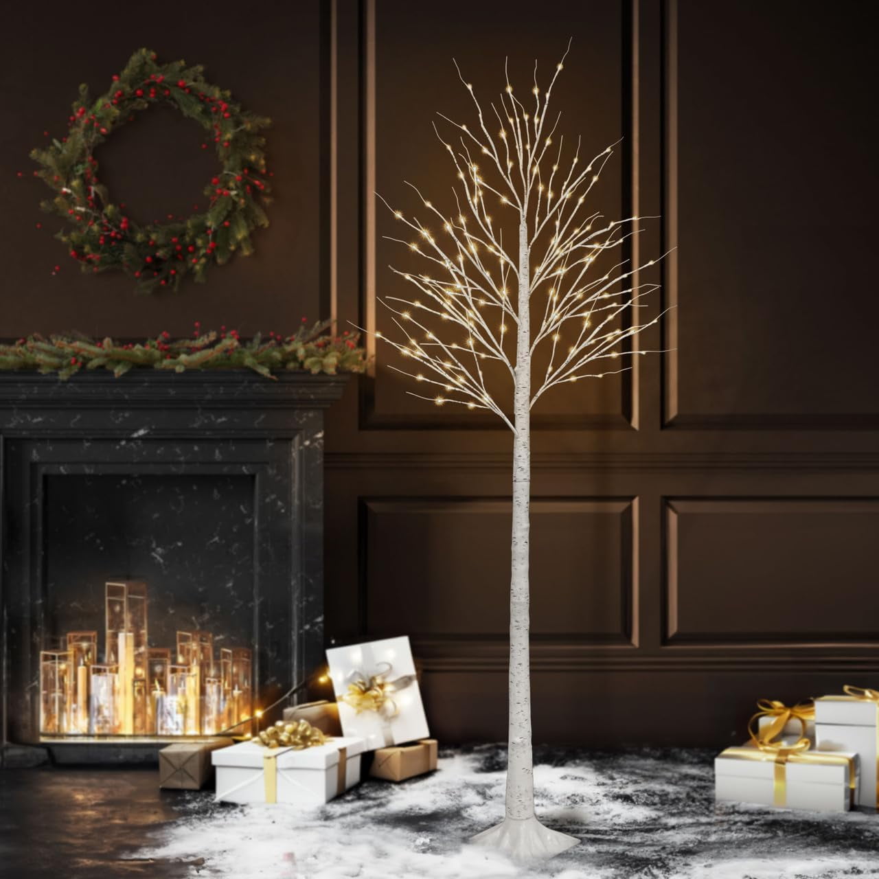 8 Feet Premium Lighted Birch Tree, 96inch Light Up Tree w/ 132 LED Warm ...